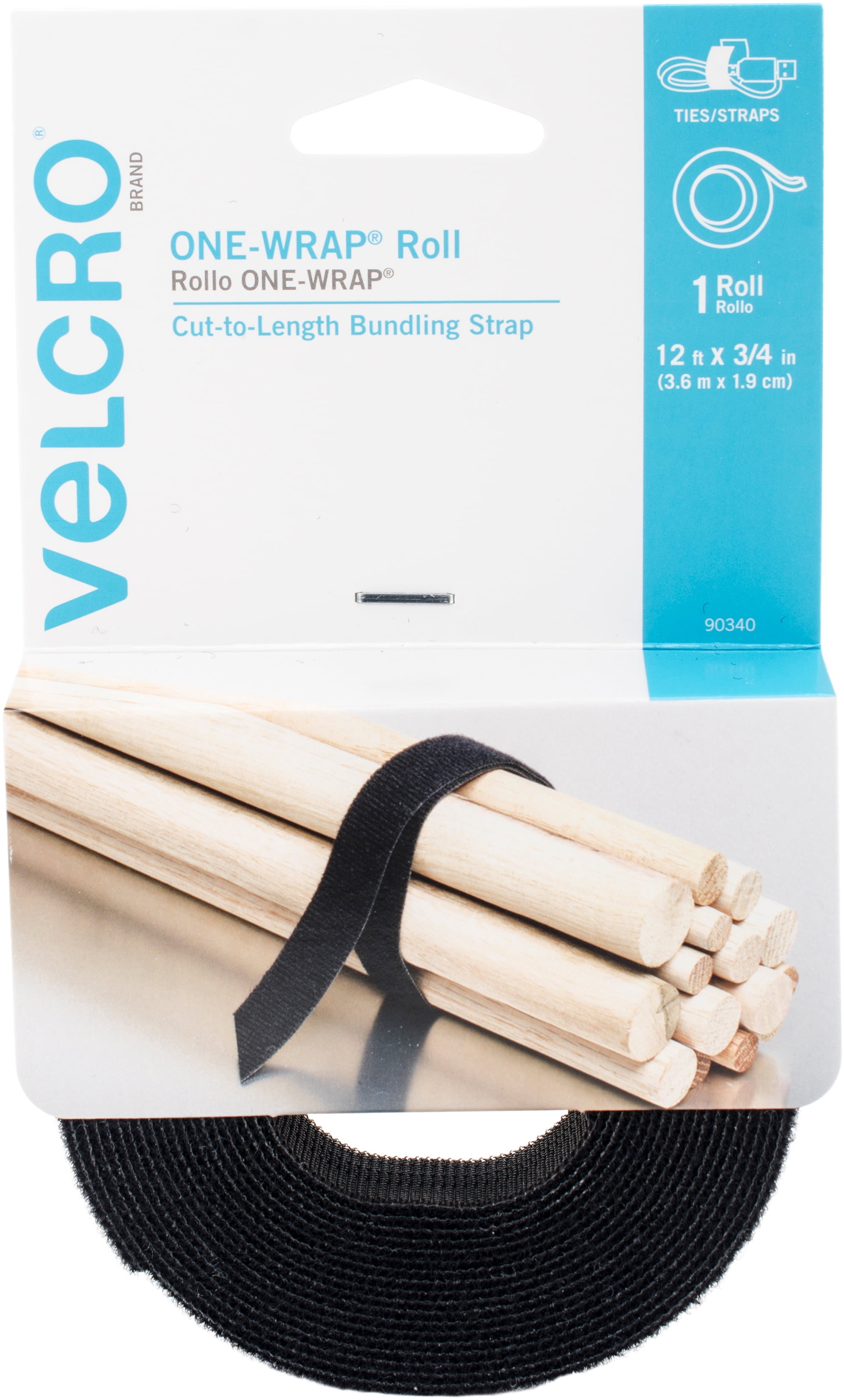 VELCRO Brand ONE-WRAP Cut-to-Length Roll, Wraps Onto Itself 12ft x 3 ...