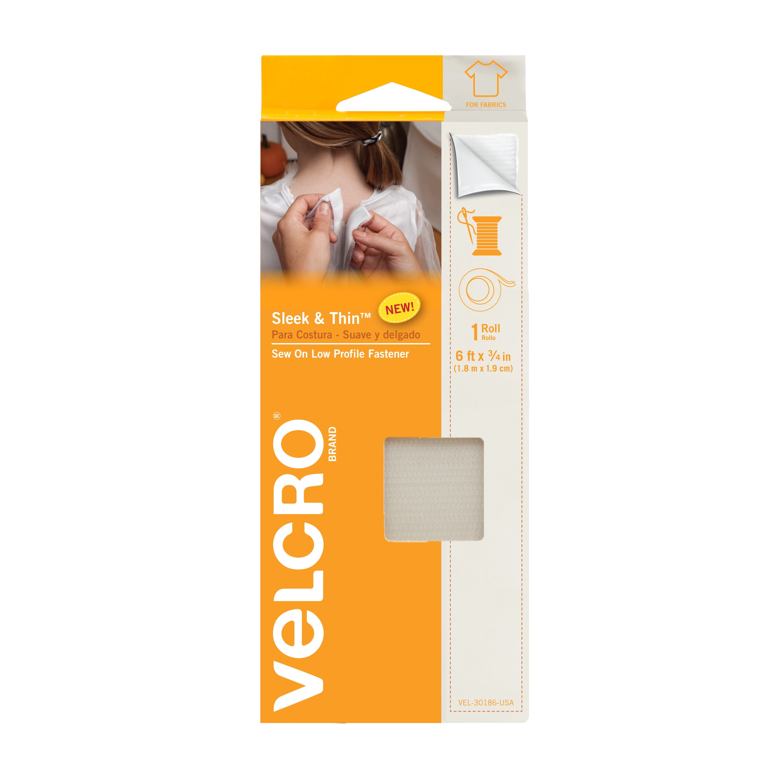 VELCRO Brand Sleek and Thin for Fabrics, 6ft x 0.625in Tape, White ...