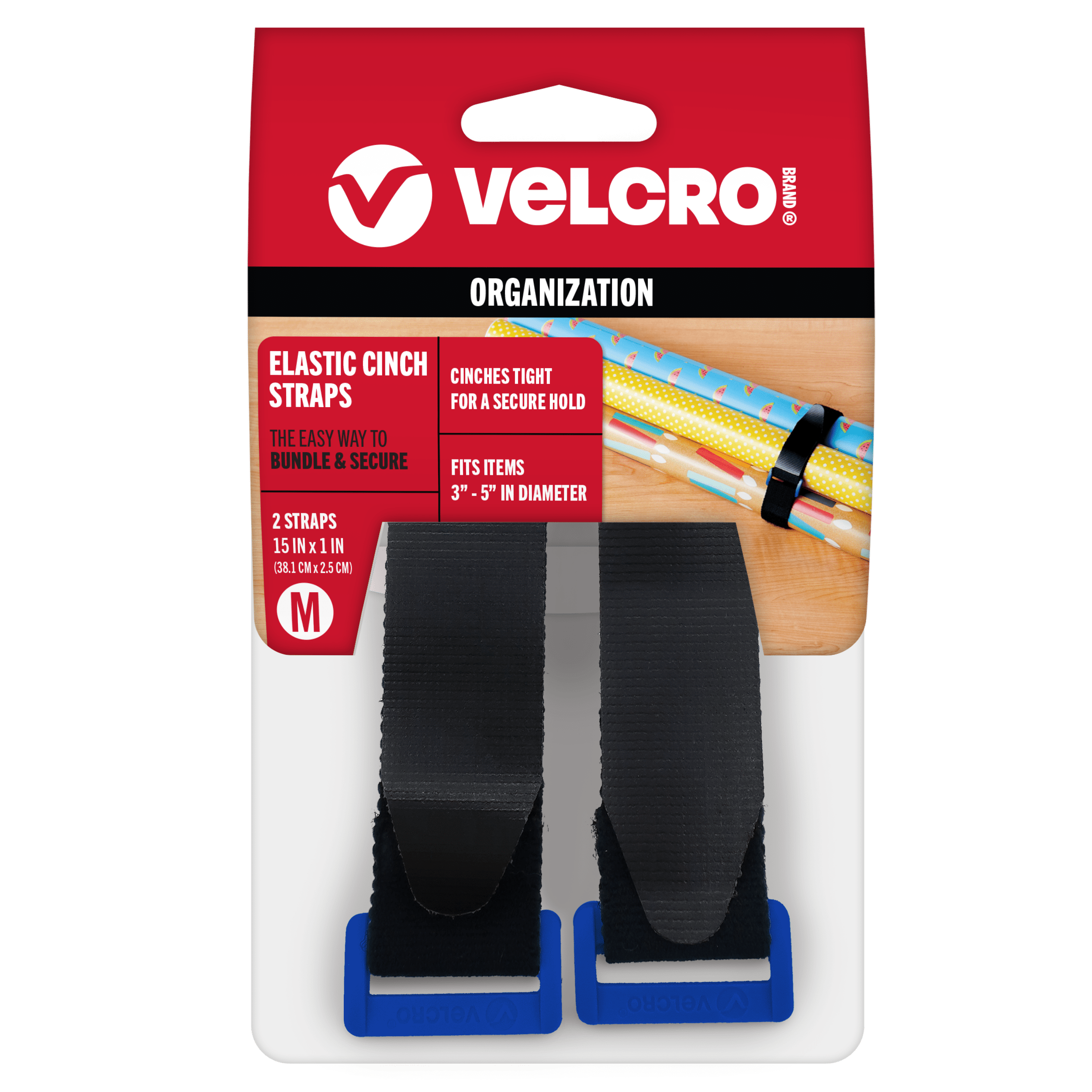 VELCRO Brand Black Elastic Cinch Strap 15"x1" with Blue D Ring 2ct ...