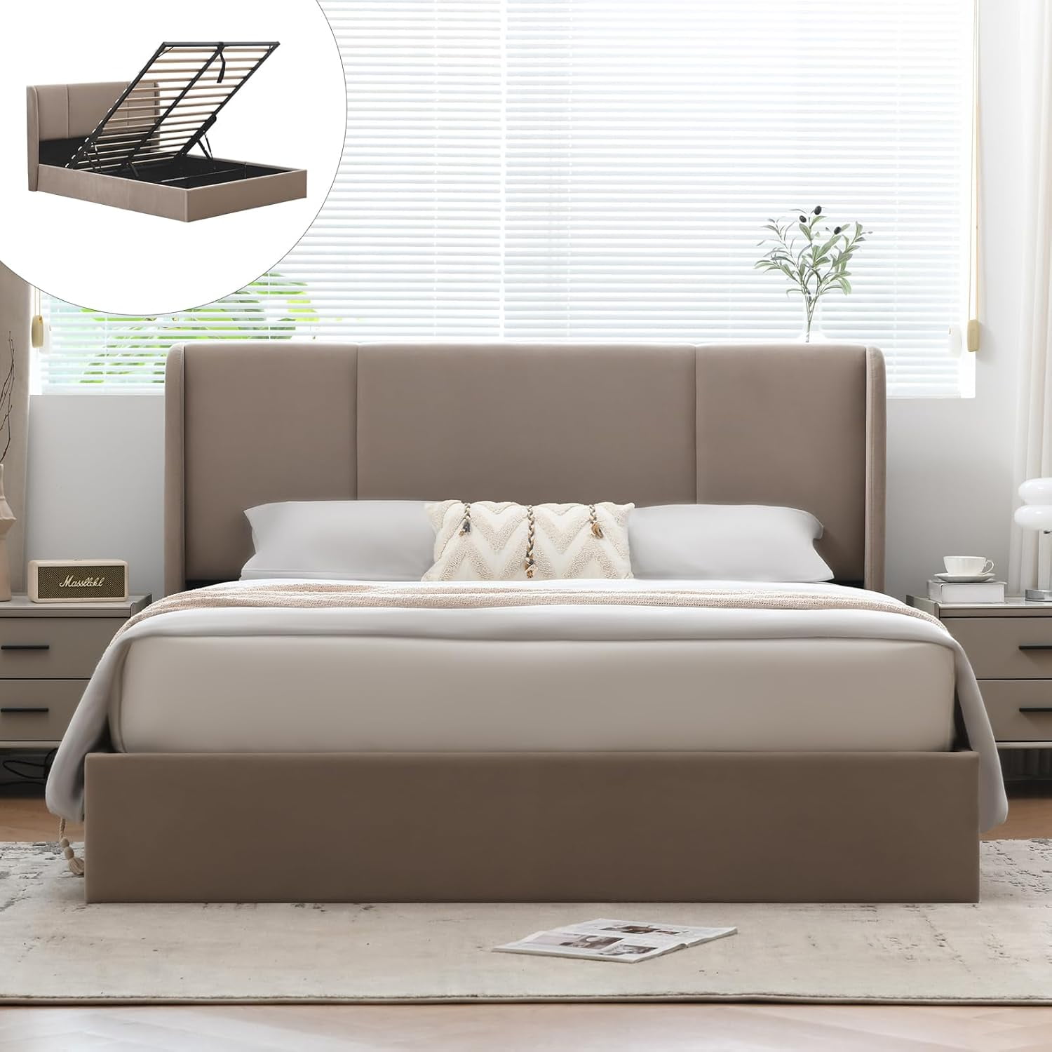 VELOCAVA Queen Size Lift Up Storage Bed with Modern Wingback Headboard ...