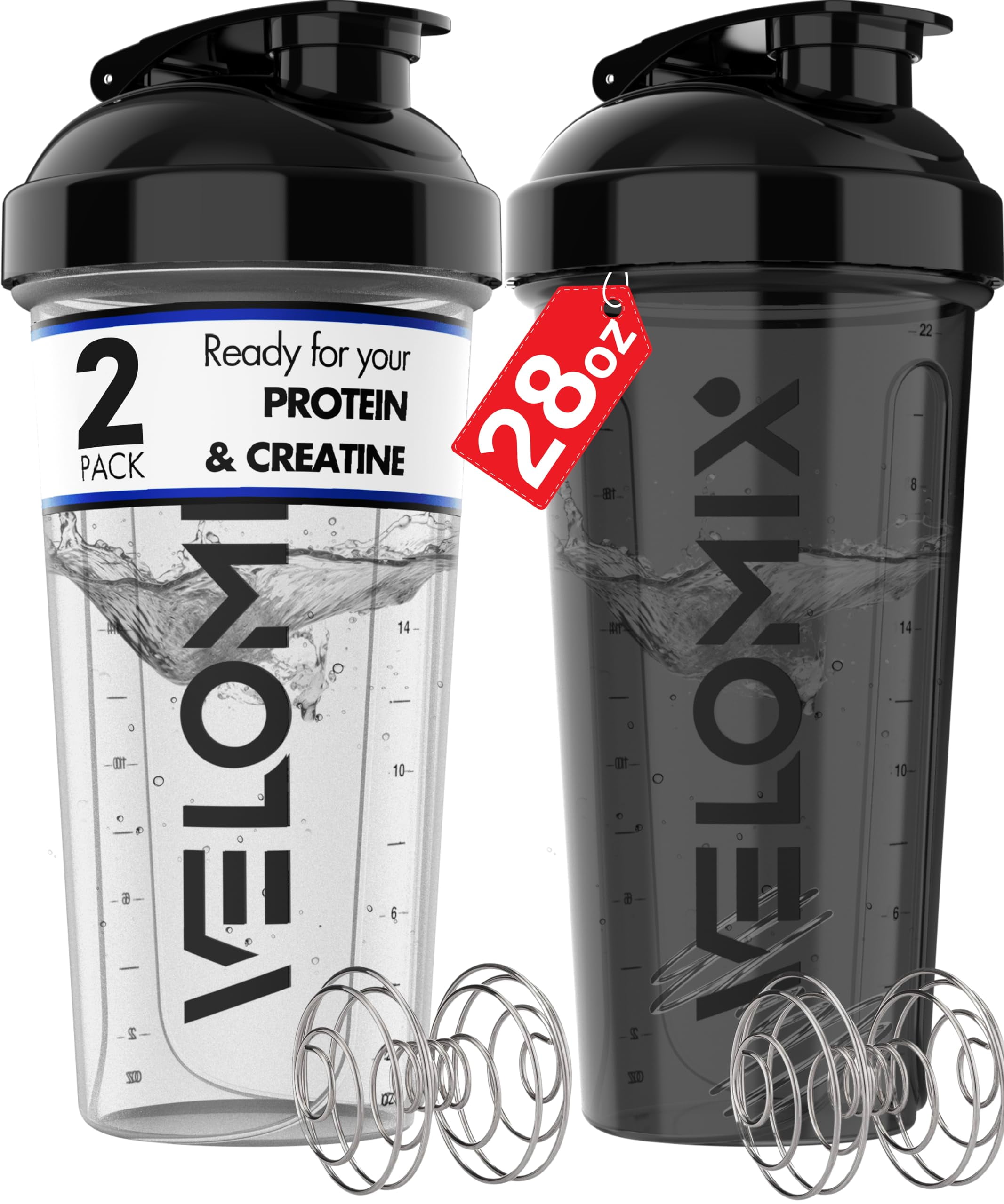 VELOMIX Protein Shaker Bottles 2 Pack, 28 oz, Wire Whisk Mixers, Spill ...