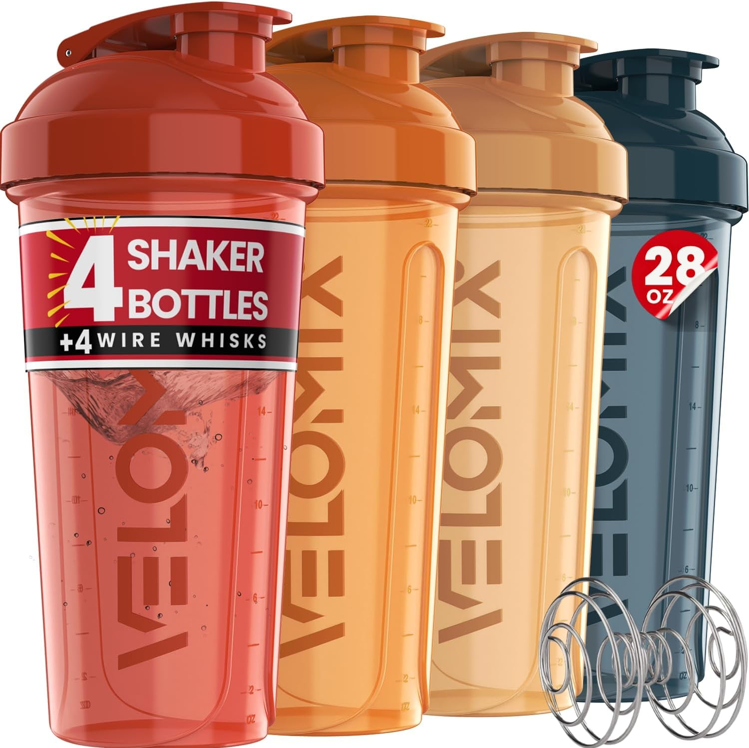 VELOMIX -4 PACK- 28 oz Protein Shaker for Protein Mixes - 4x Wire Whisk ...