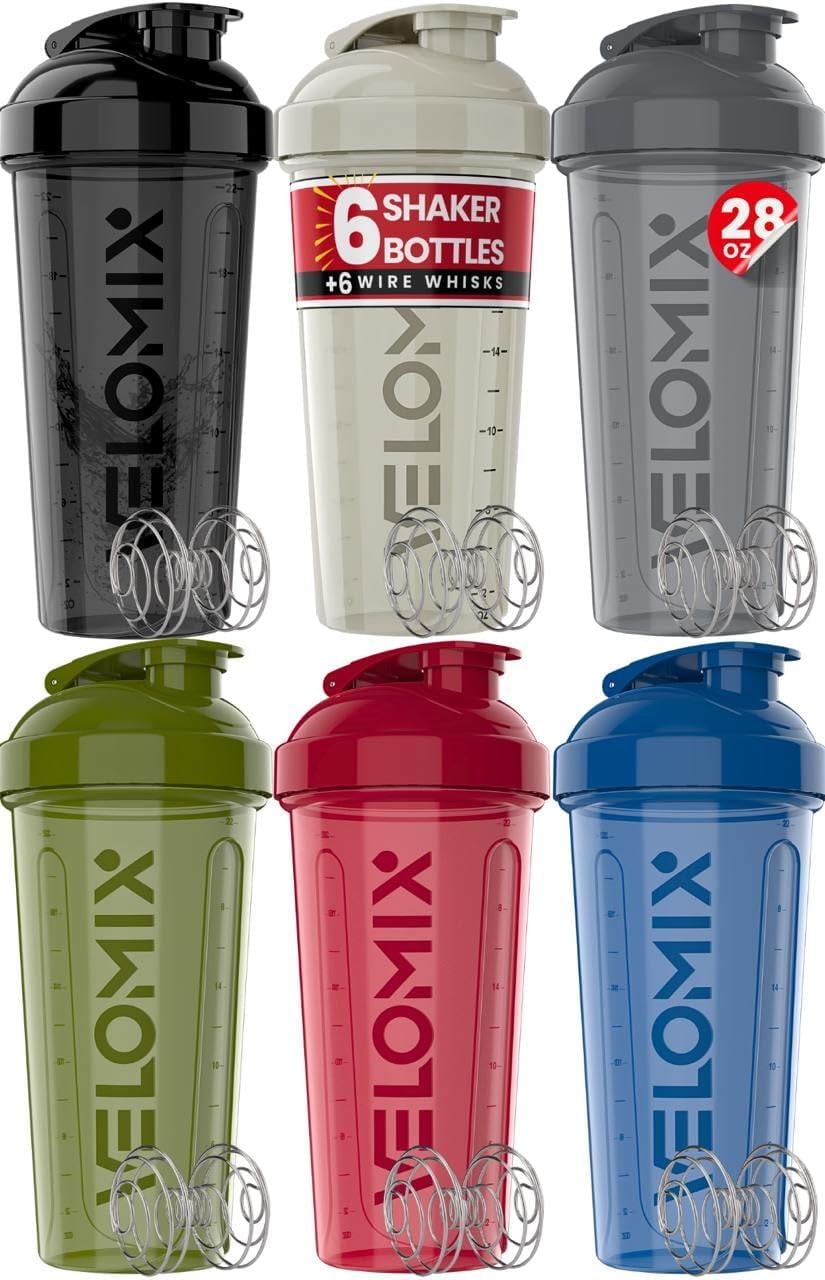 VELOMIX -6 PACK- Shaker Cups for Protein Shakes 28 oz - 6x Wire Whisk ...