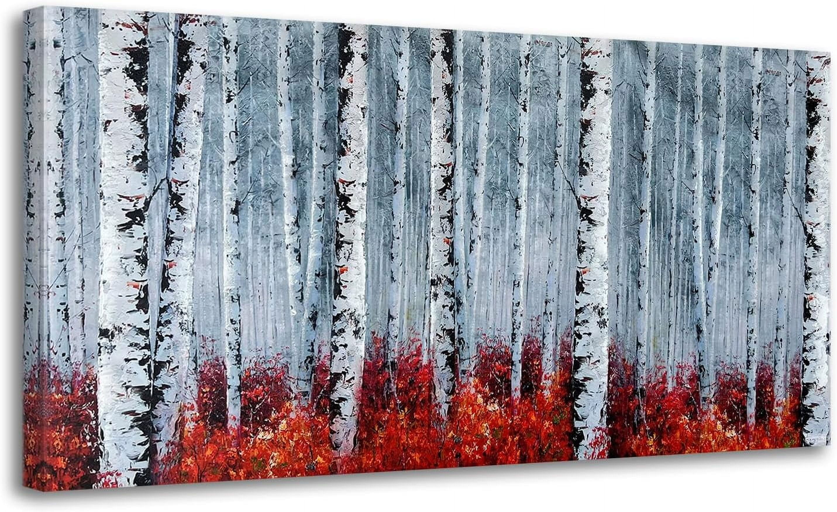 VELVET Birch Tree Wall Art White Landscape Painting Grey Canvas Fall ...