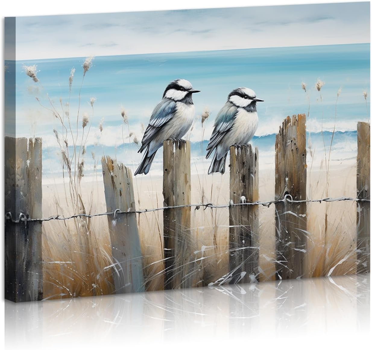 VELVET Birds Canvas Wall Art Blue Birds on Fence Painting Farmhouse ...