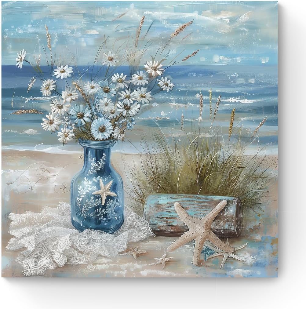 VELVET Blue Beach Flower Bathroom Canvas Wall Art Decor, Modern Floral ...