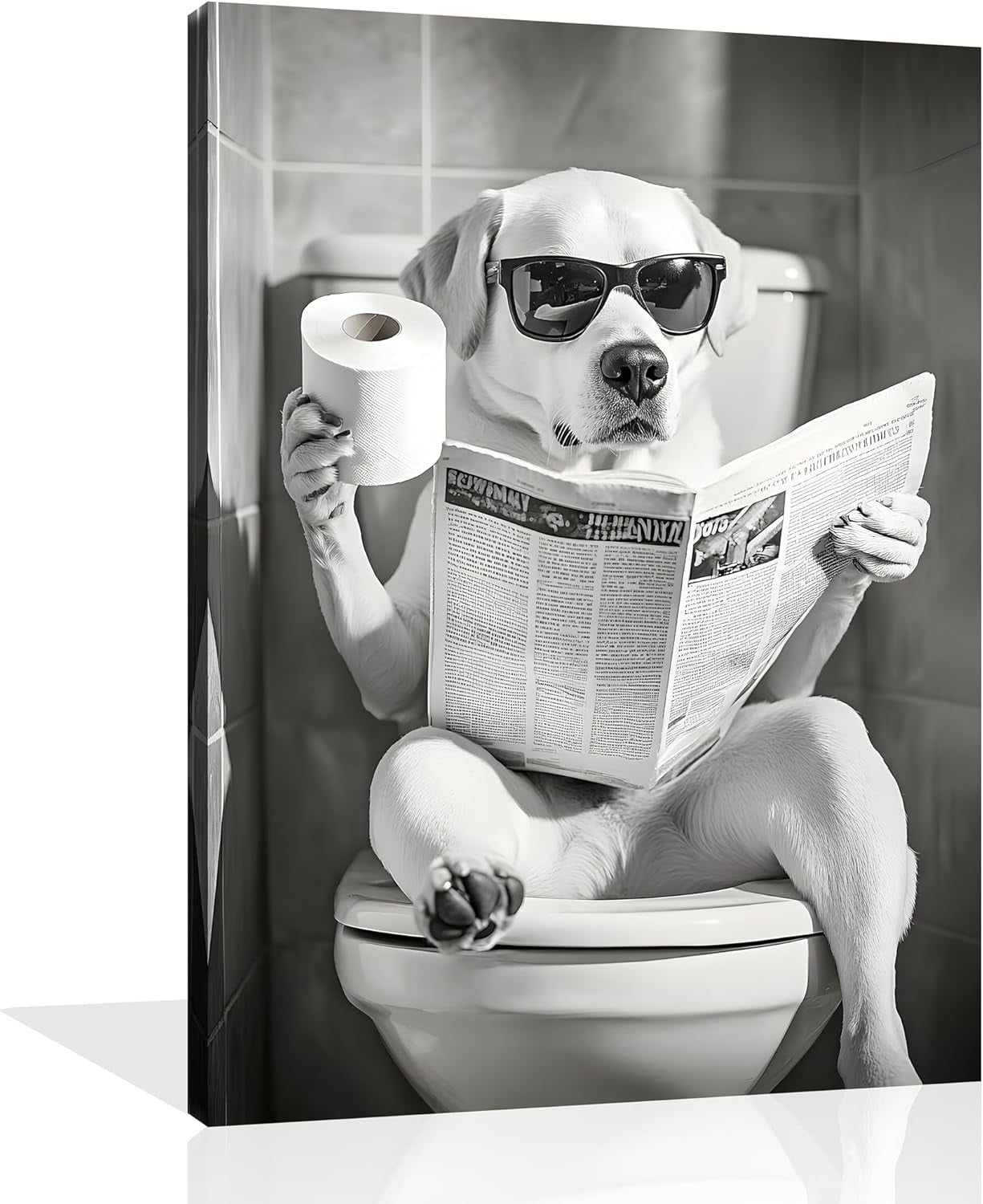 VELVET Dog on Toilet Bathroom Canvas Wall Art Funny Animal Bathroom ...