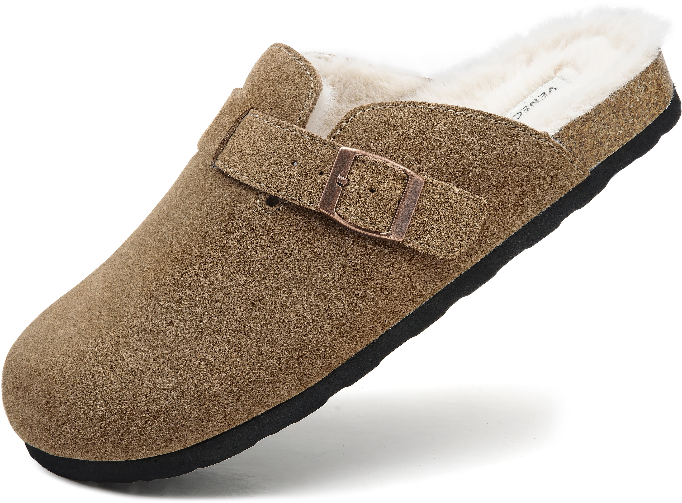 VENECORE Erica Women's Cork Footbed Clogs Genuine Soft Suede Faux Fur ...