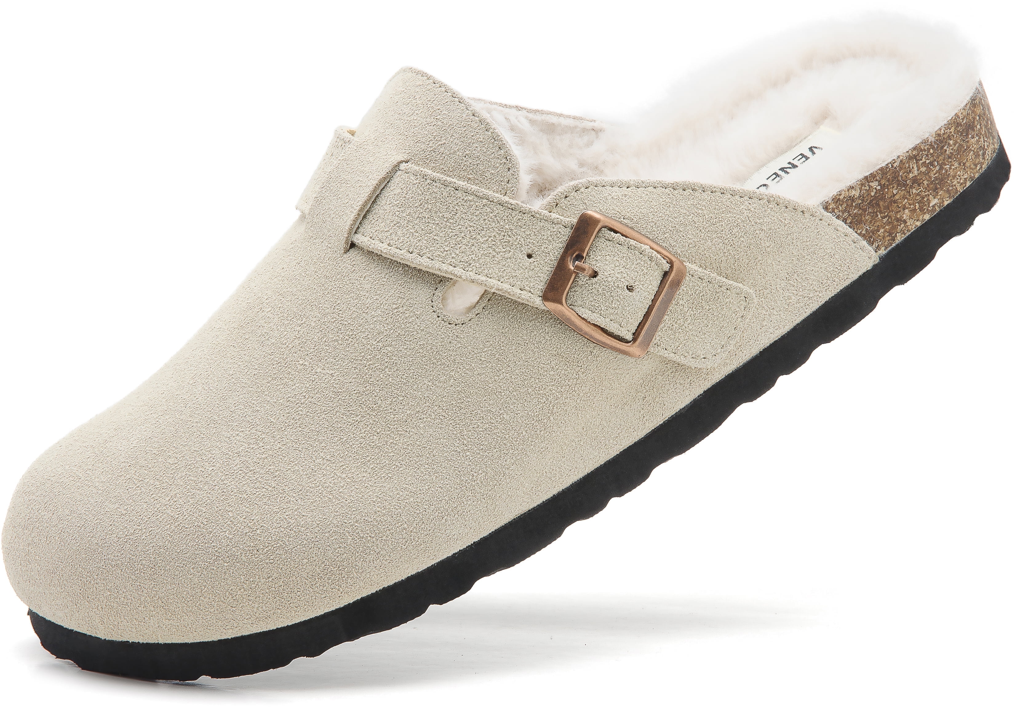 VENECORE Erica Women's Cork Footbed Clogs Genuine Soft Suede Faux Fur ...