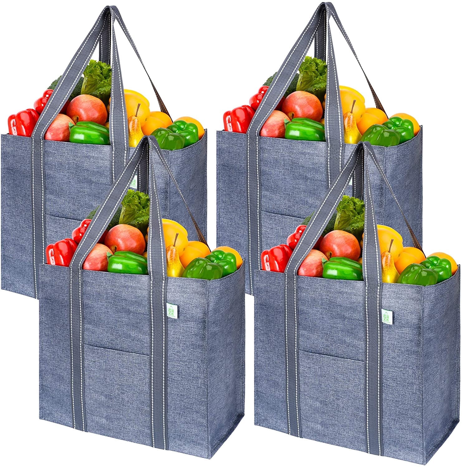 VENO 4 Pack Large Foldable Reusable Grocery Bag w/Hard Bottom, Heavy ...