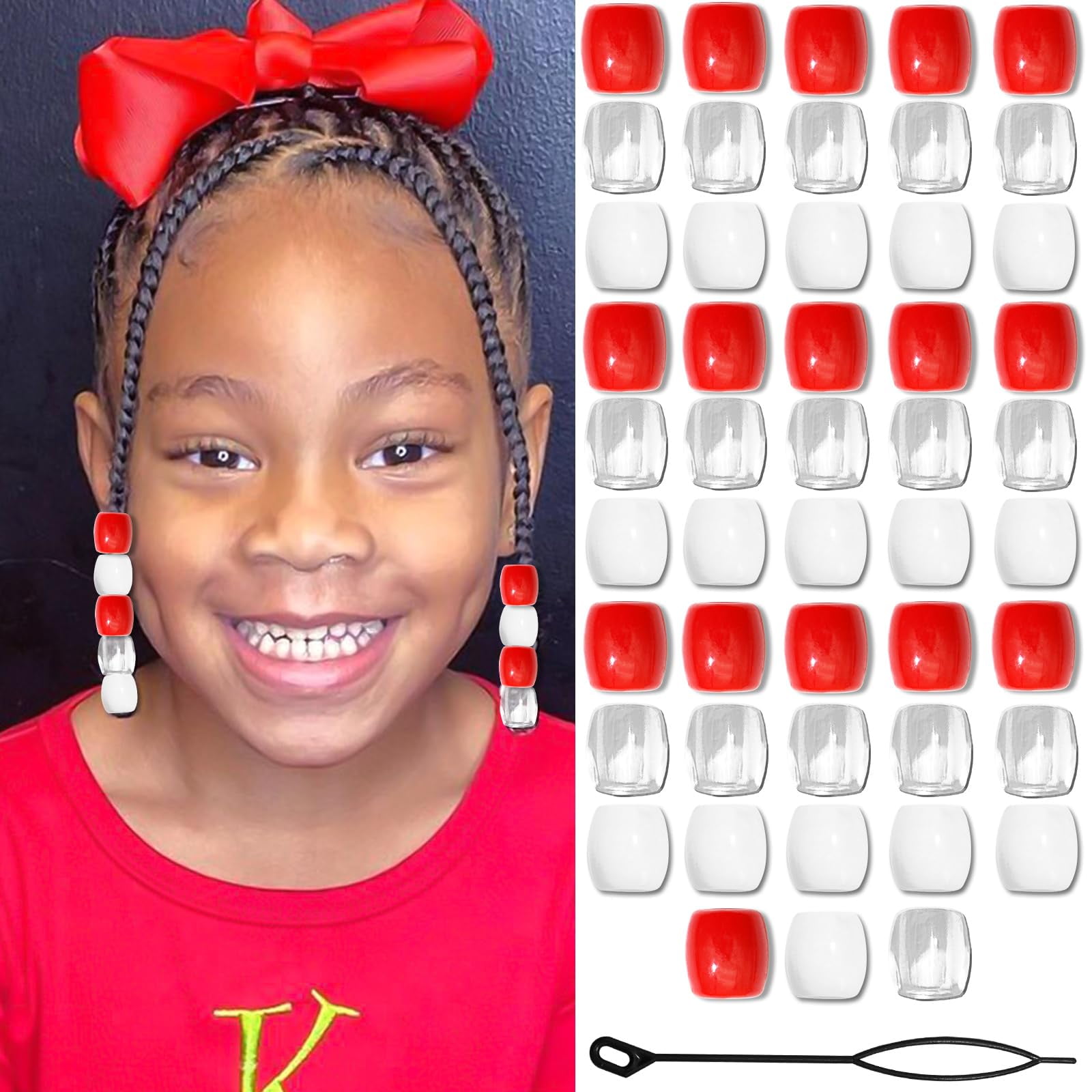 VENOFEN 48PCS Red Hair Beads White Clear Acrylic Dreadlock Beads Braids ...