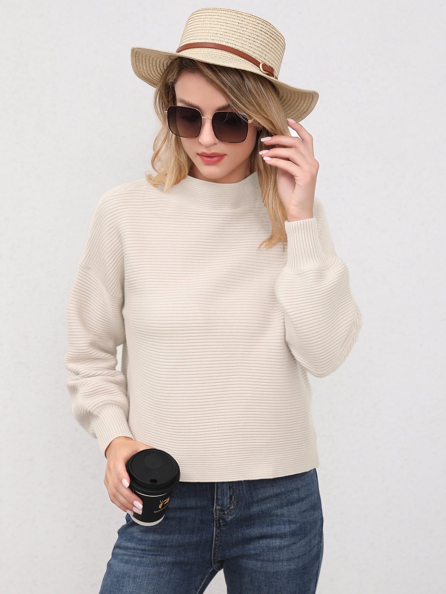 VENUZOR Women's Puffy Sleeve Mock Neck Pullover Knit Oversized Solid ...