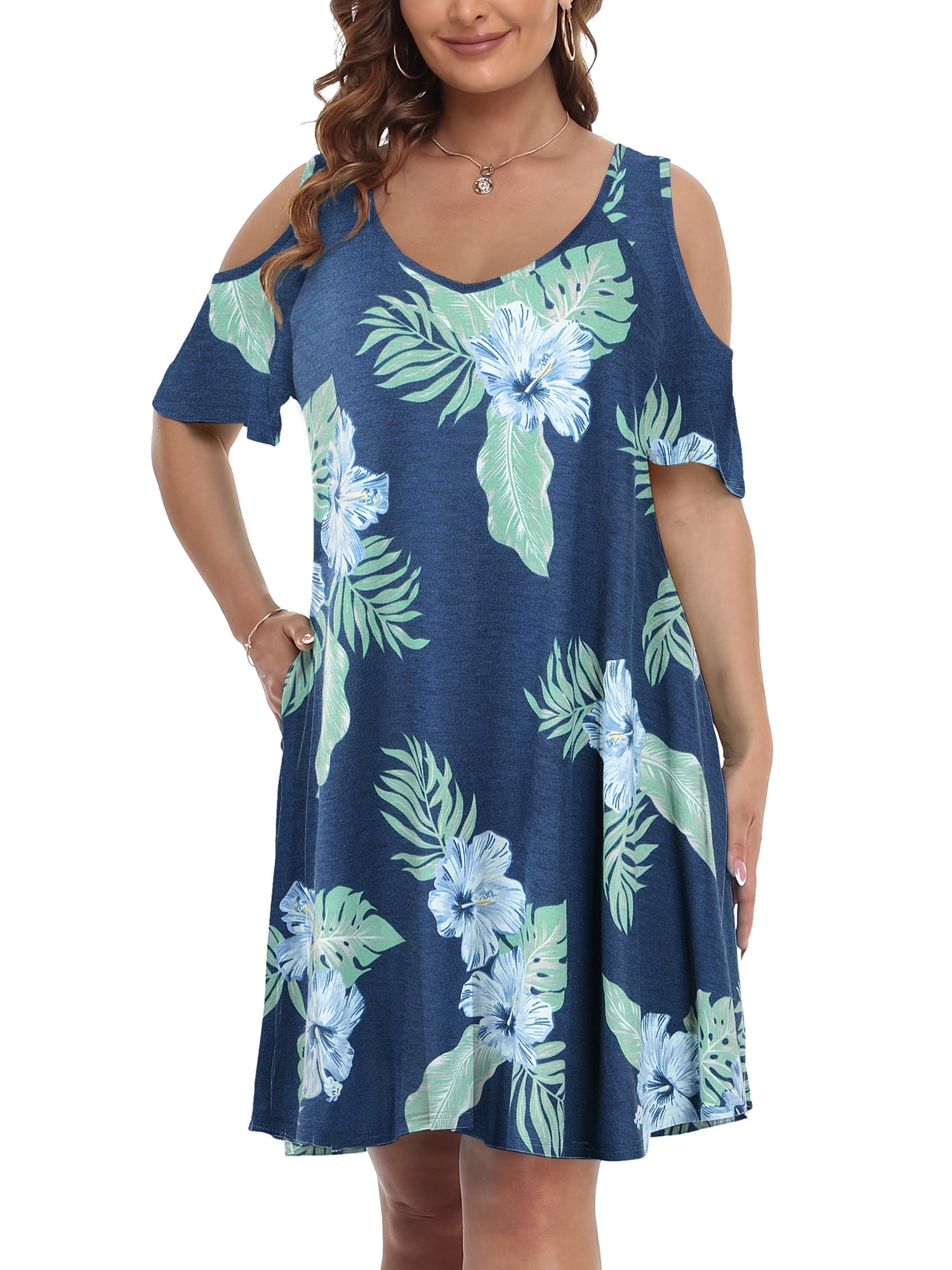 VEPKUL Women's Plus Size Tunic Sundresses, Cold Shoulder, Short Sleeve ...