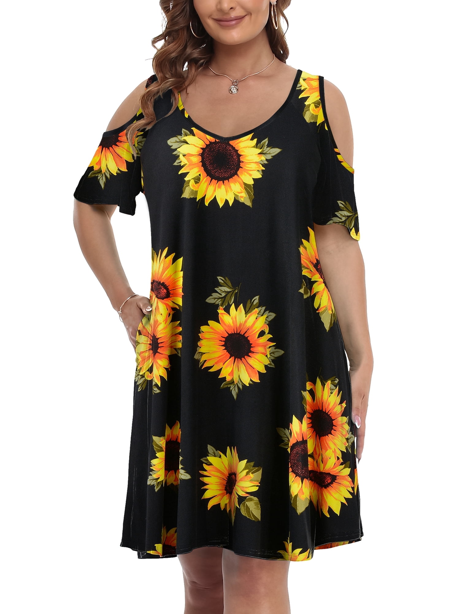 VEPKUL Womens Cold Shoulder Dress, V Neck, Short Sleeve, Beach Sundress ...
