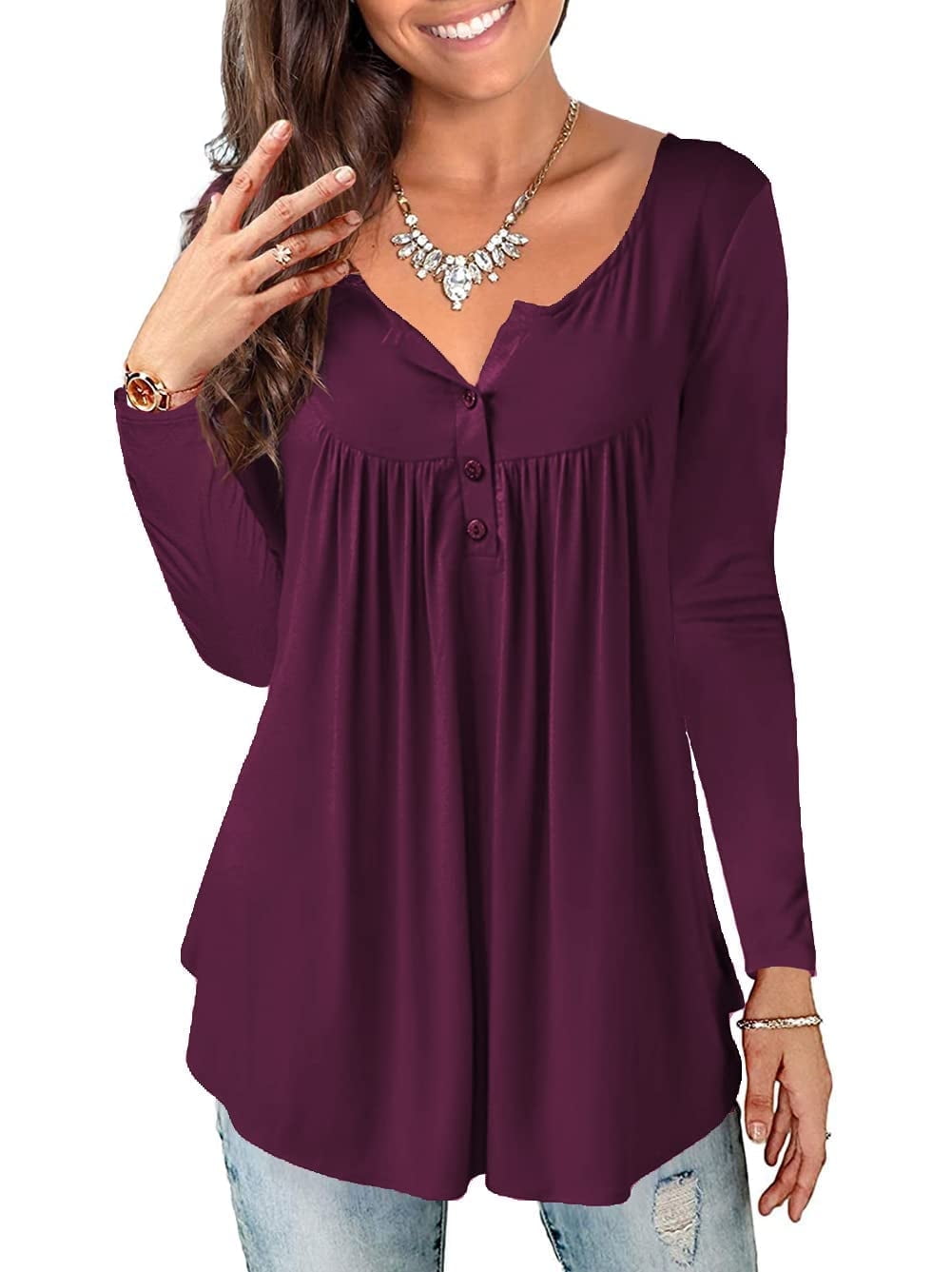 VERABENDI Plus Size Dressy Tunic Top, Long Sleeve, Henley V-Neck Blouse ...