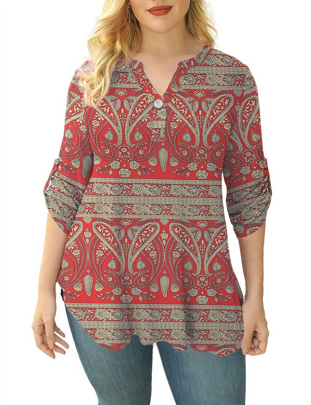 Verabendi Womens Plus Size Tops 3 4 Sleeve Shirts Button Down V Neck