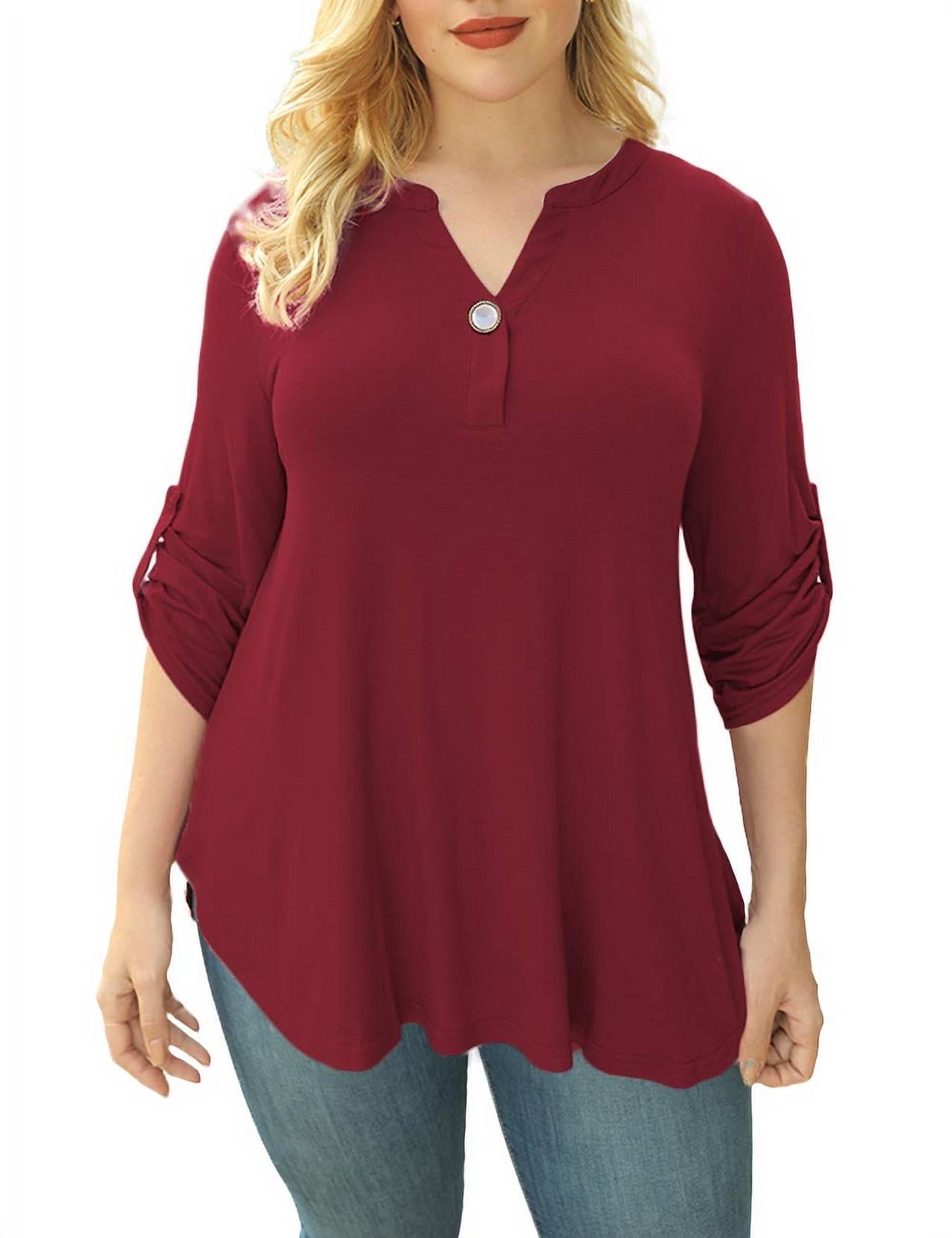Verabendi Womens Plus Size Tops 3 4 Sleeve Shirts Button Down V Neck