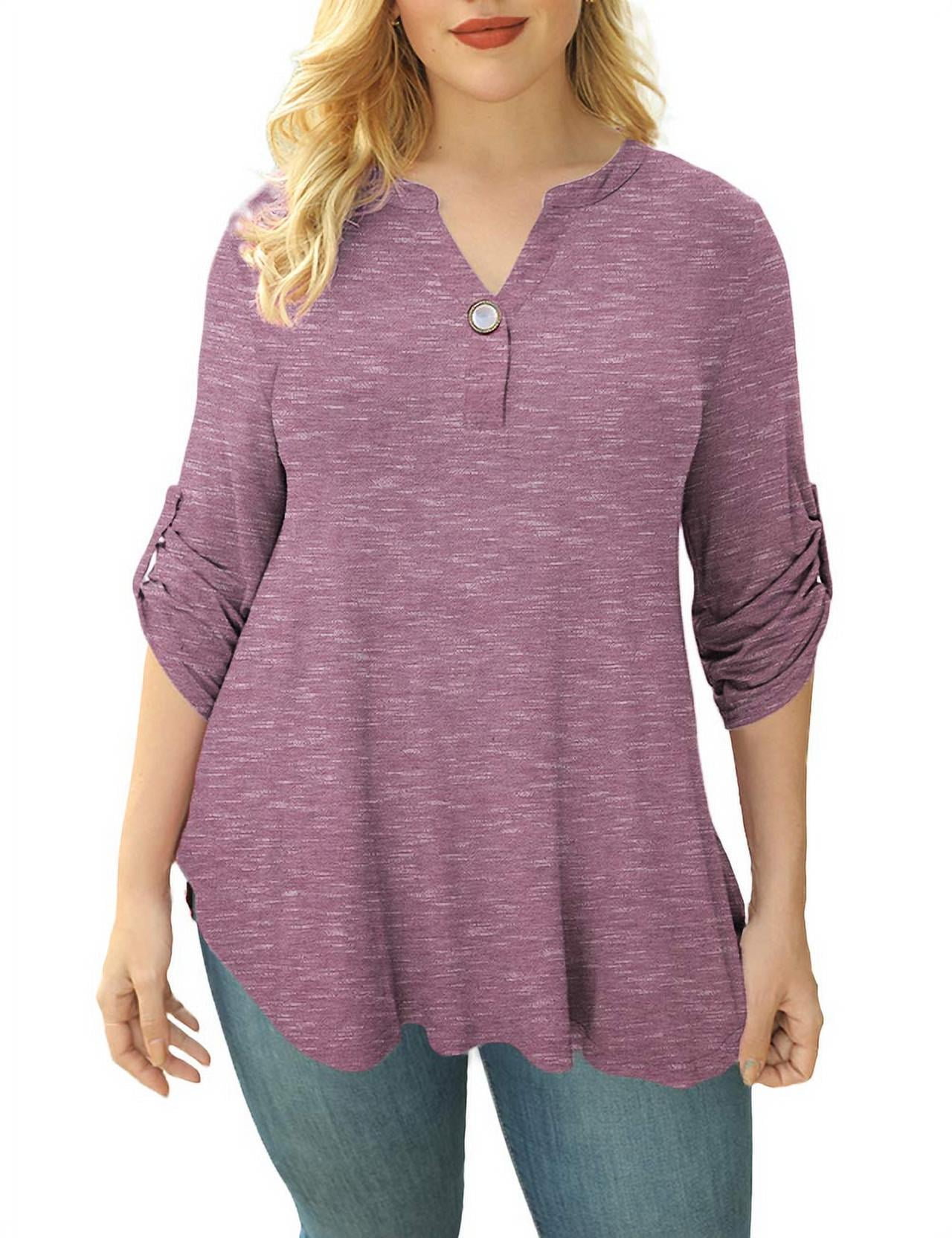 VERABENDI Women's Plus Size Tops 3/4 Sleeve Tunic Shirts Casual Button ...