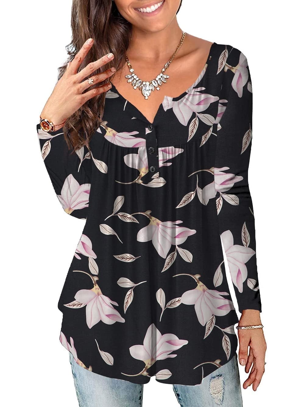 VERABENDI Women's Plus Size Tunic Tops, Long Sleeve Henley V-Neck ...