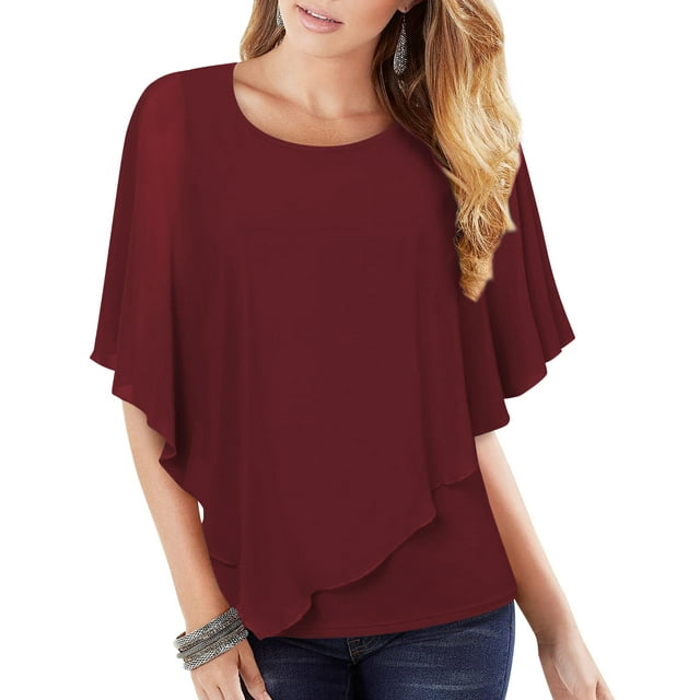 VERABENDI Women's Plus Size Summer Tops, Flowy Chiffon Poncho Style ...