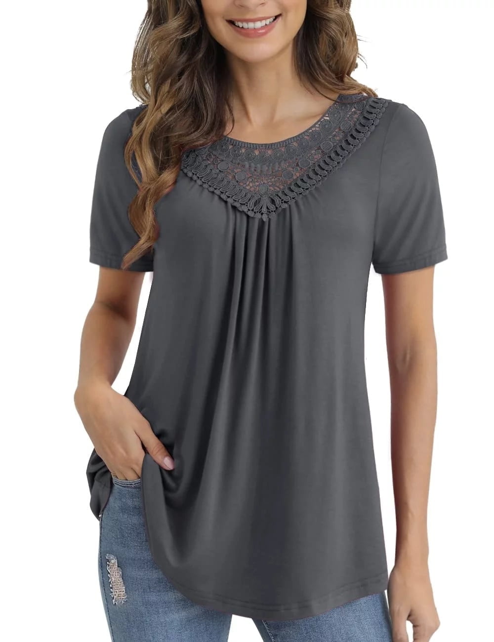 VERABENDI Women's Tops Plus Size Summer Casual Short Sleeve Lace ...