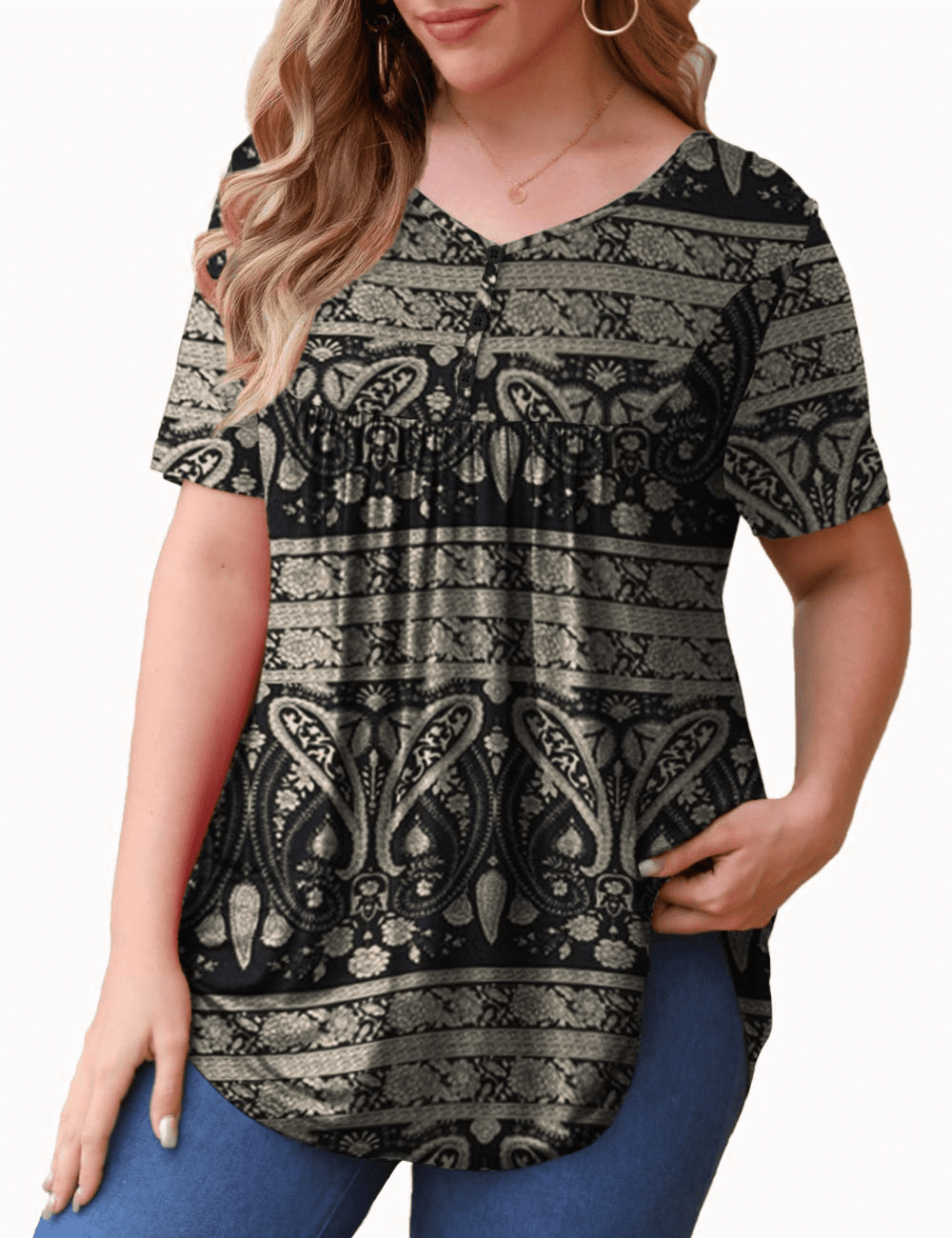 VERABENDI Womens Plus Size Short sleeve Tops V Neck Buttons Pleated ...
