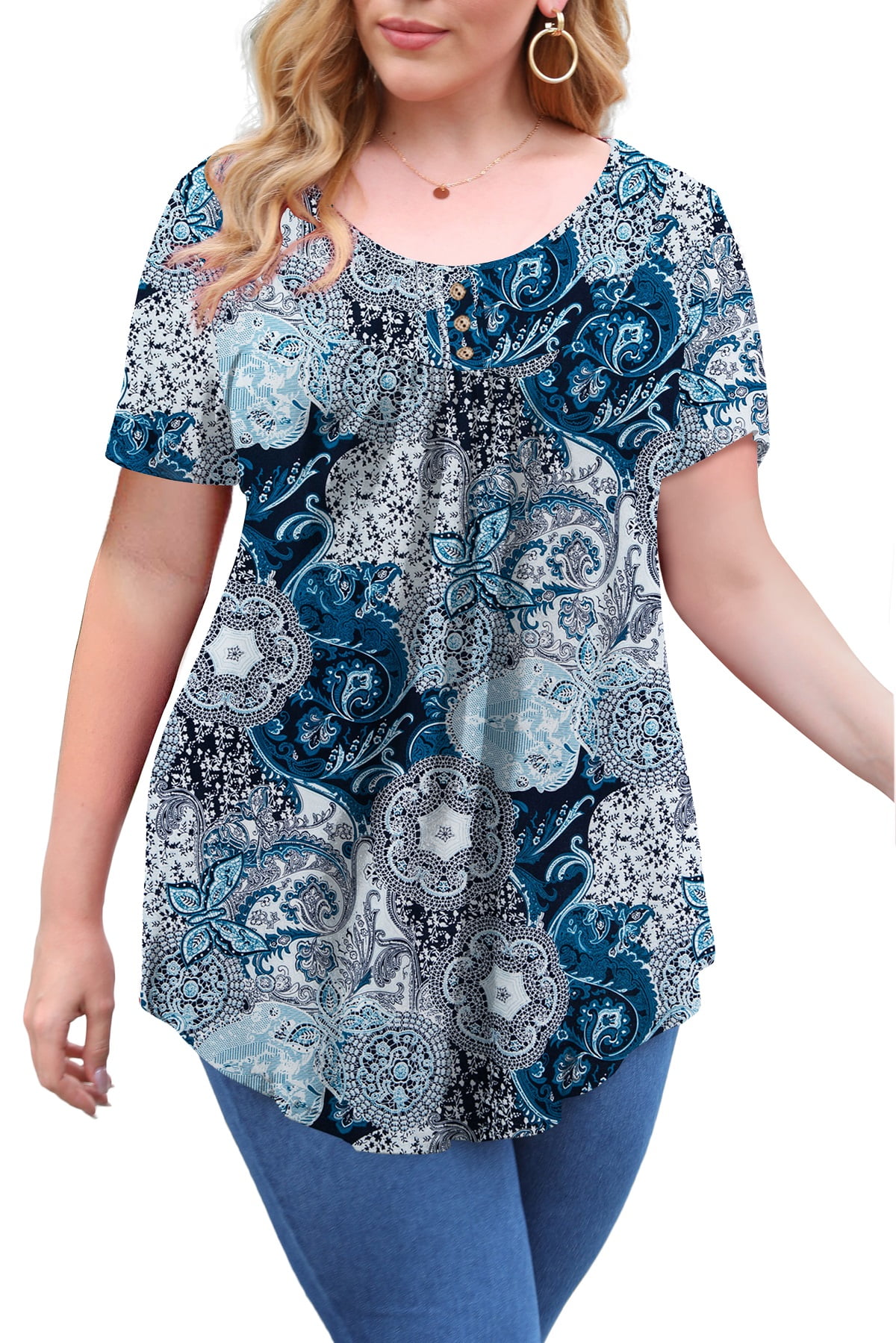 VERABENDI Womens Tops Plus Size Clothes Short Sleeve Button Floral ...