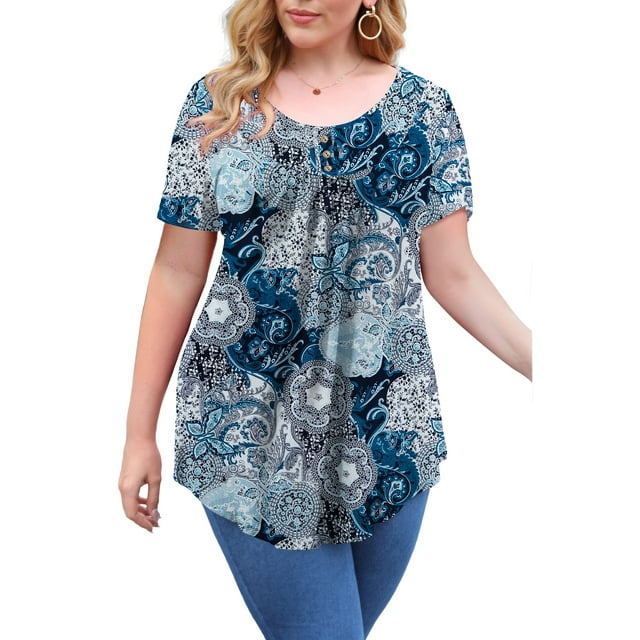 VERABENDI Womens Tops Plus Size Clothes Short Sleeve Button Floral ...