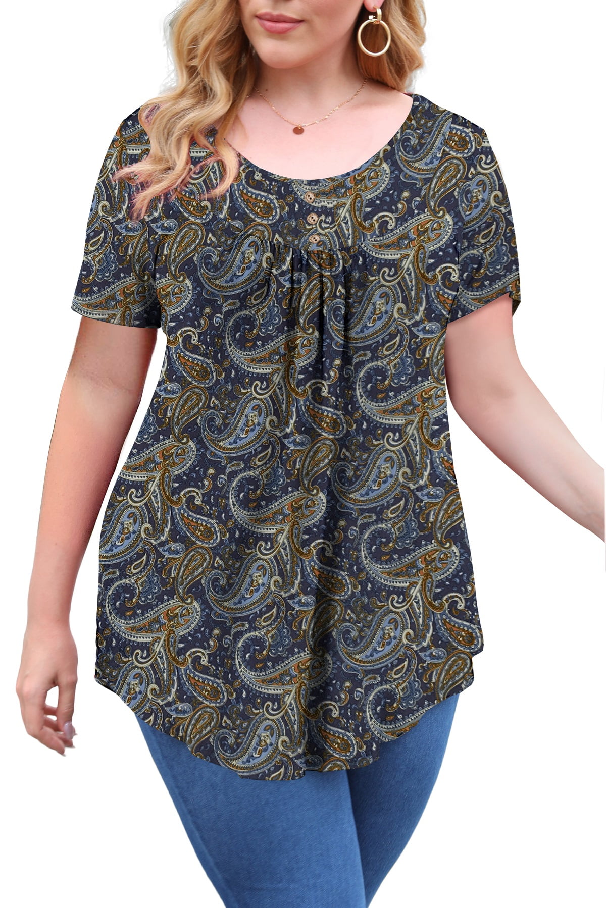 VERABENDI Womens Tops Plus Size Clothes Short Sleeve Button Floral ...