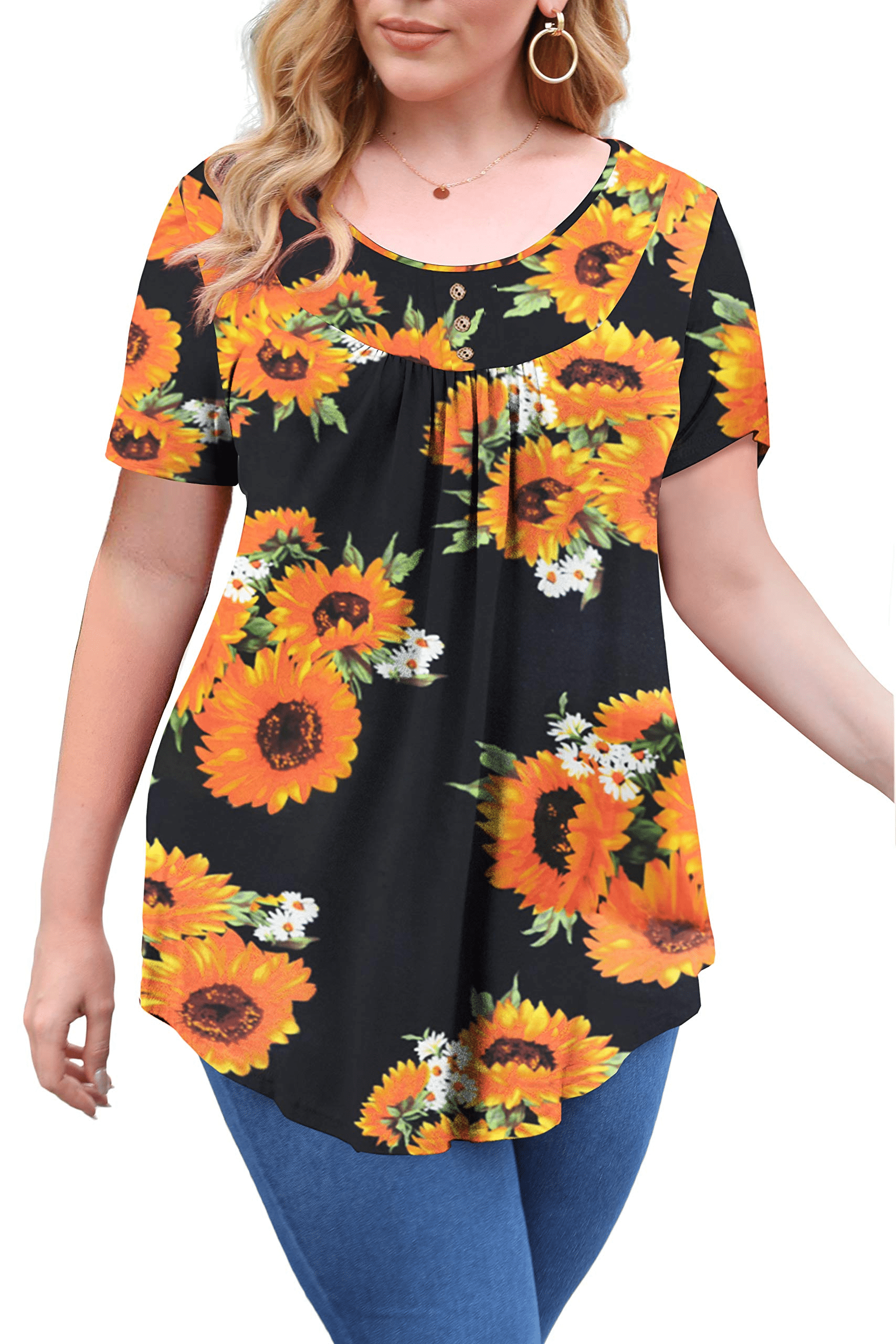 VERABENDI Womens Tops Plus Size Clothes Short Sleeve Button Floral ...