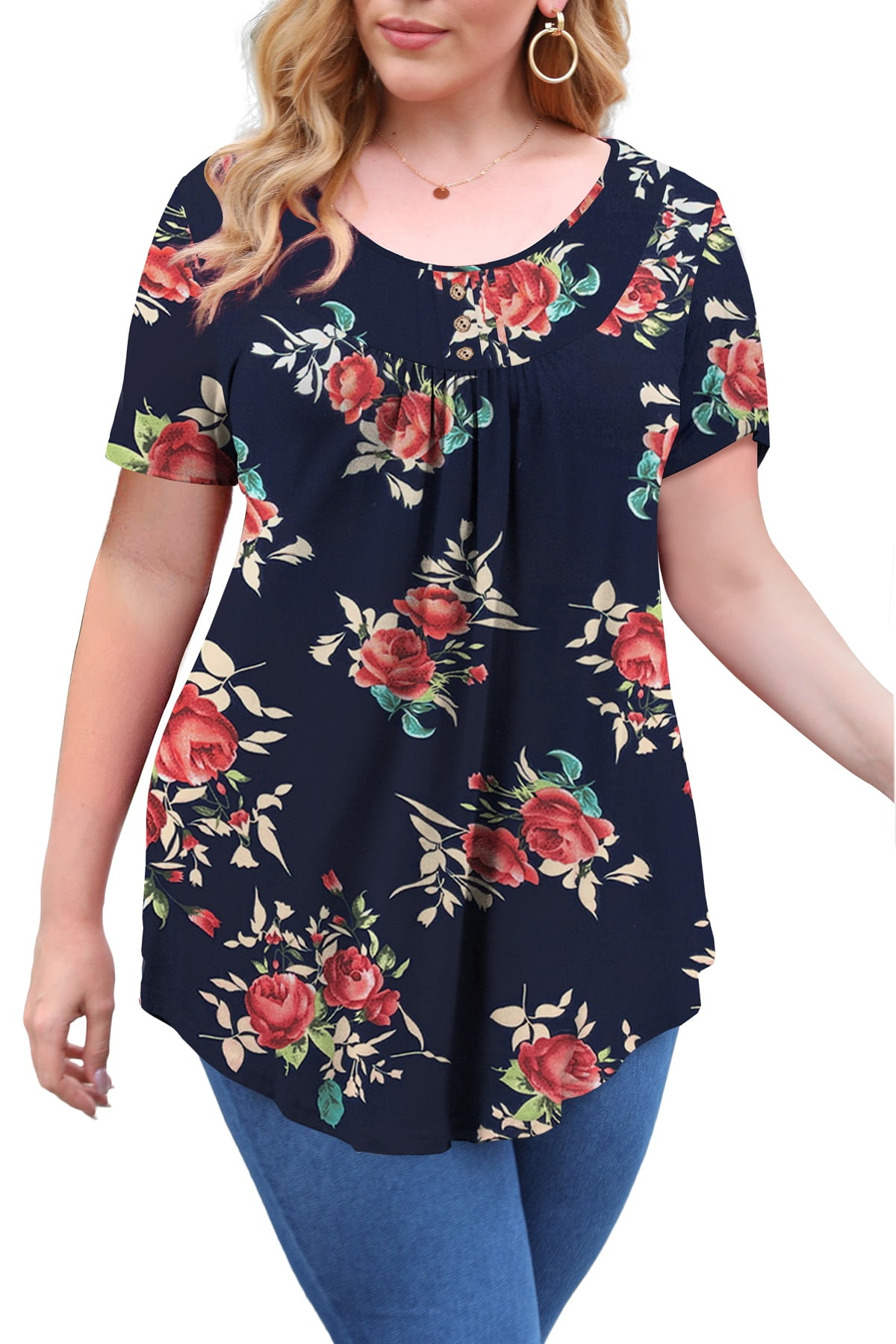 VERABENDI Womens Tops Plus Size Clothes Short Sleeve Button Floral ...