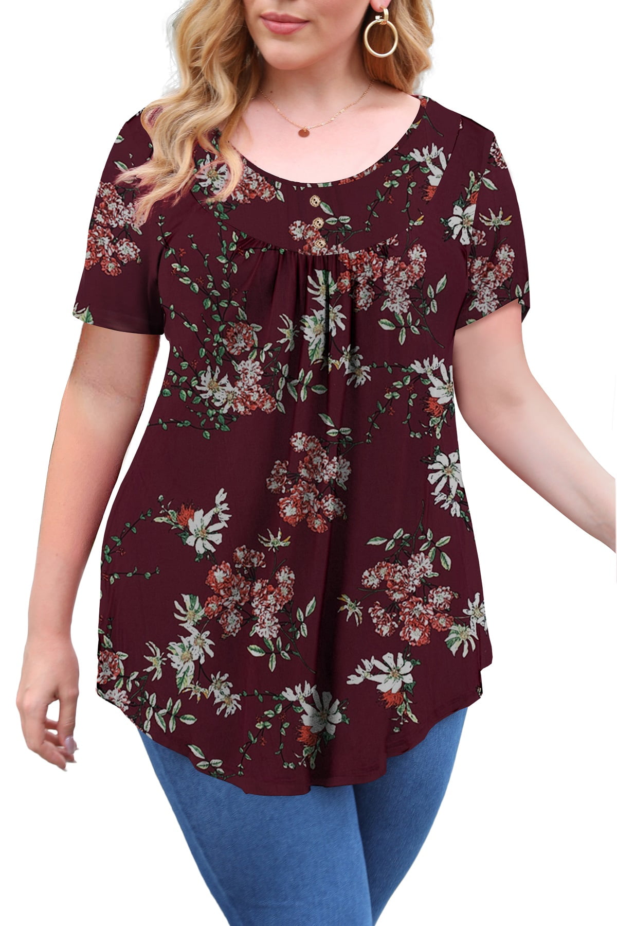 VERABENDI Womens Tops Plus Size Clothes Short Sleeve Button Floral ...