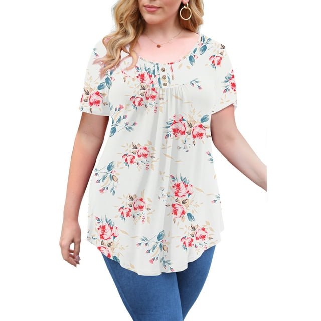 VERABENDI Womens Tops Plus Size Clothes Short Sleeve Button Floral ...