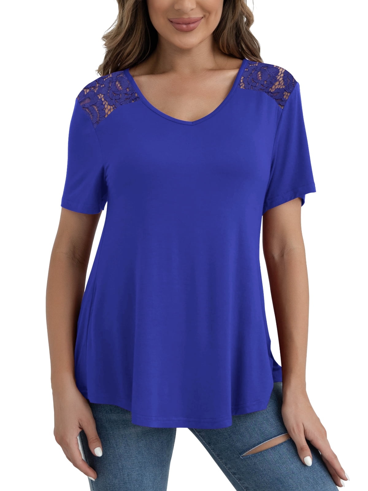 VERABENDI Women's Plus Size Lace Trim Tops, Short Sleeve Tunic Shirts ...