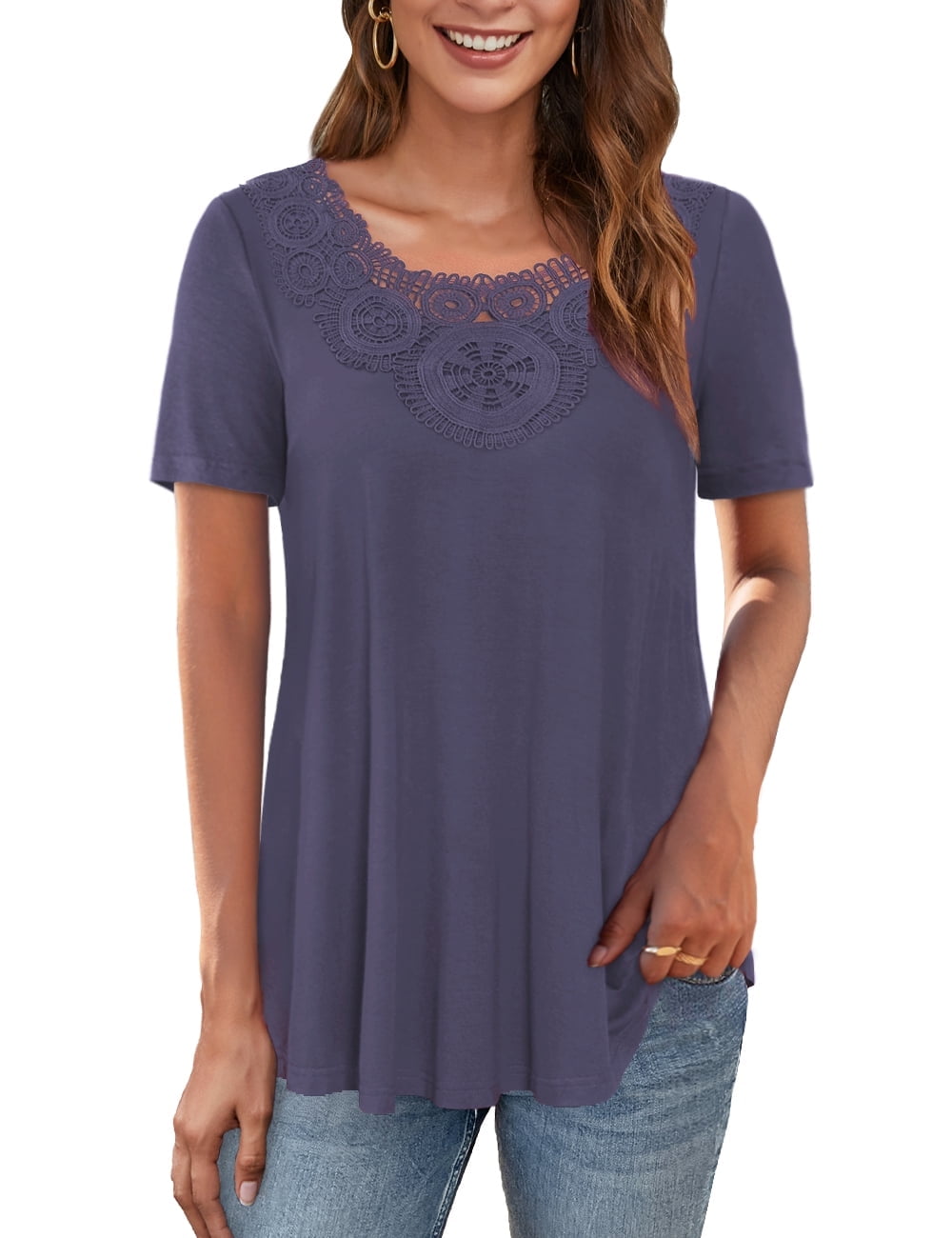 VERABENDI Womens Tops Plus Size Short Sleeves Loose Tunic Blouses Lace ...