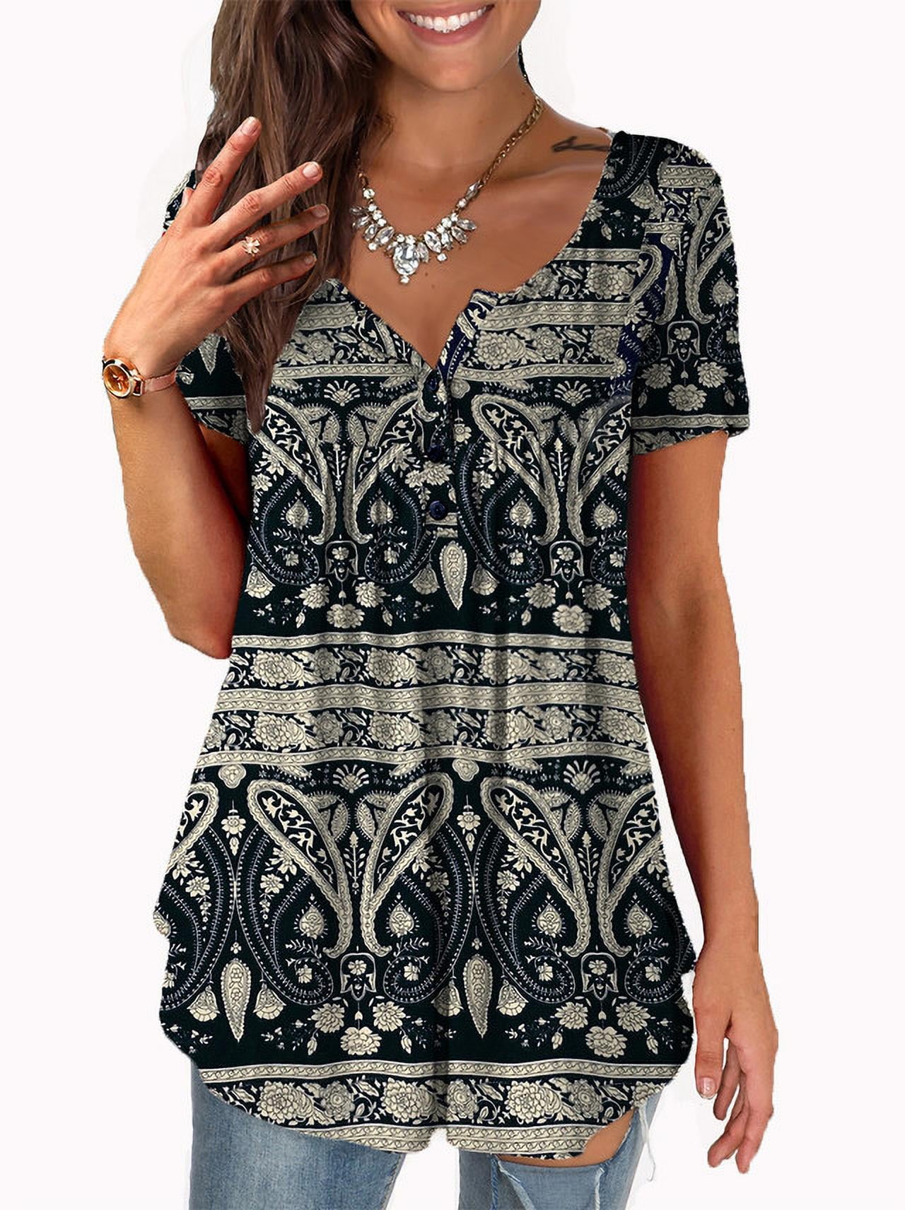 VERABENDI Womens Tops Plus Size Summer Short Sleeve Button V-Neck ...