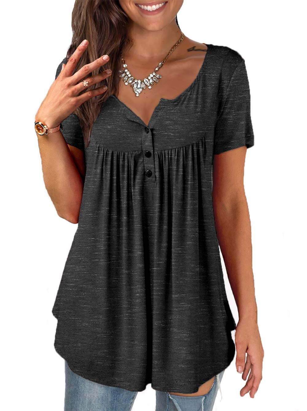 VERABENDI Womens Tops Plus Size Summer Short Sleeve Button V-Neck ...