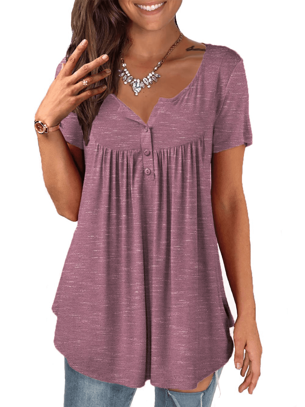 VERABENDI Womens Tops Plus Size Summer Short Sleeve Button V-Neck ...