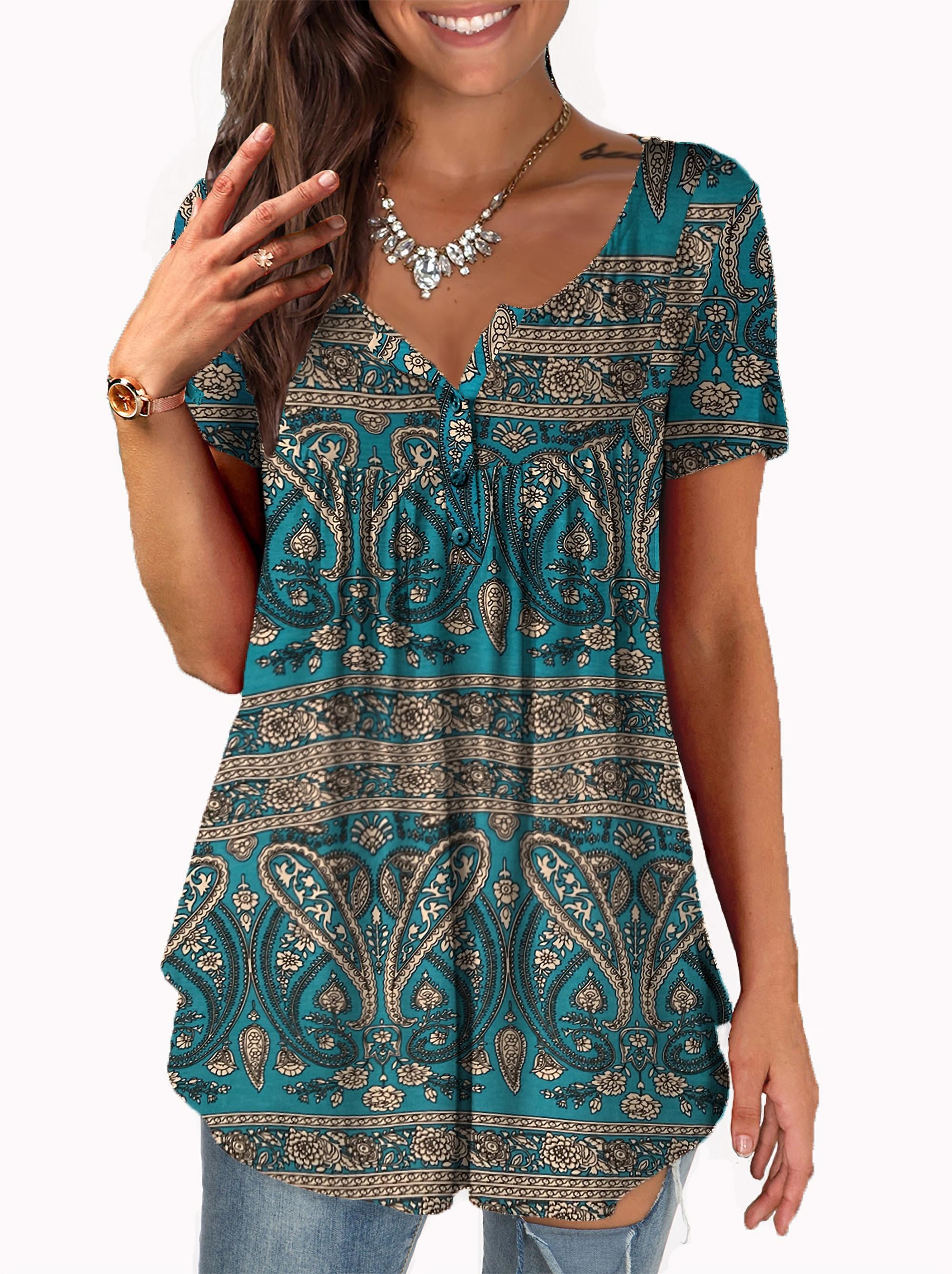 VERABENDI Womens Tops Plus Size Summer Short Sleeve Button V-Neck ...