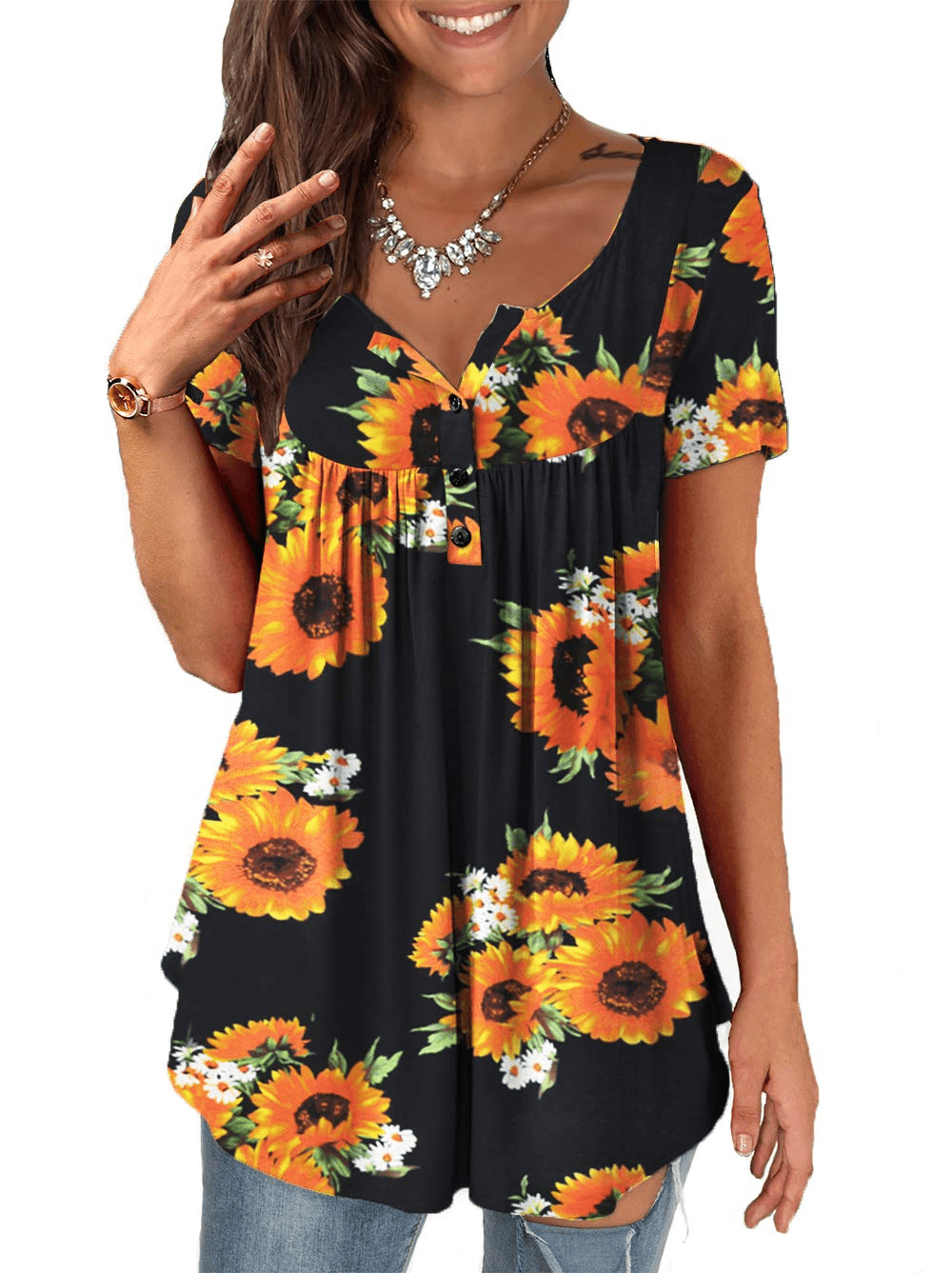 VERABENDI Womens Tops Plus Size Summer Short Sleeve Button V-Neck ...