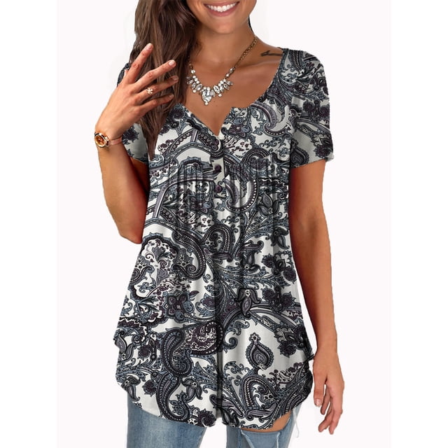 VERABENDI Womens Tops Plus Size Summer Short Sleeve Button V-Neck ...