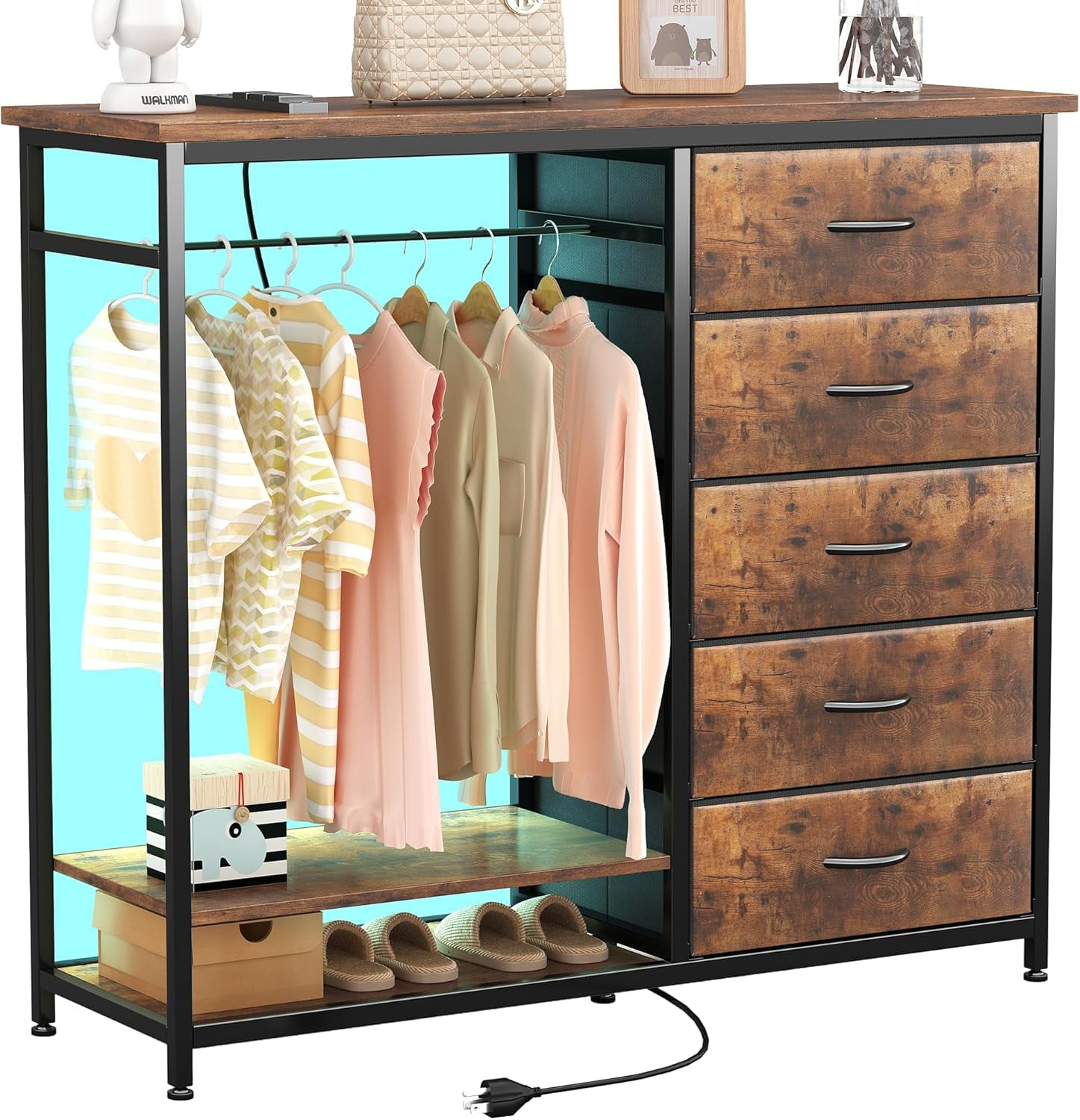 VERMESS Dresser for Bedroom with Clothes Rack, 5 Drawers Dresser with ...