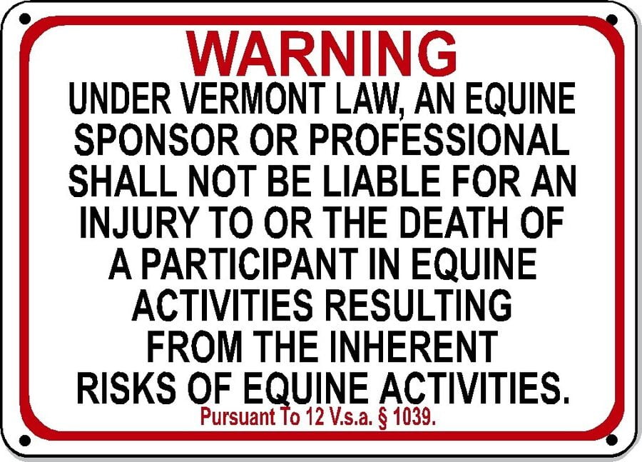 VERMONT Equine Metal Sign activity liability warning statute horse farm ...
