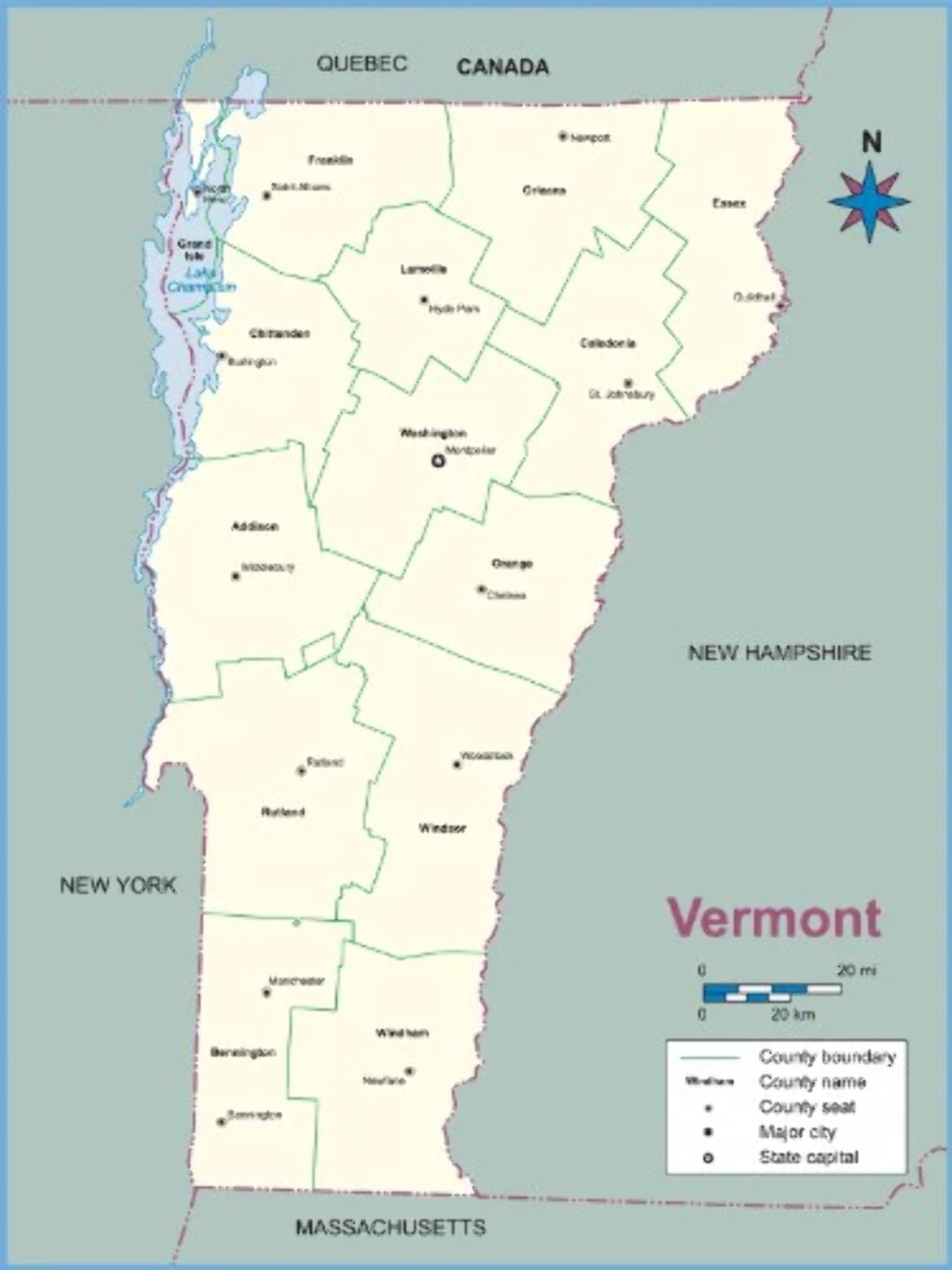VERMONT STATE COUNTY MAP GLOSSY POSTER PICTURE PHOTO BANNER city ...