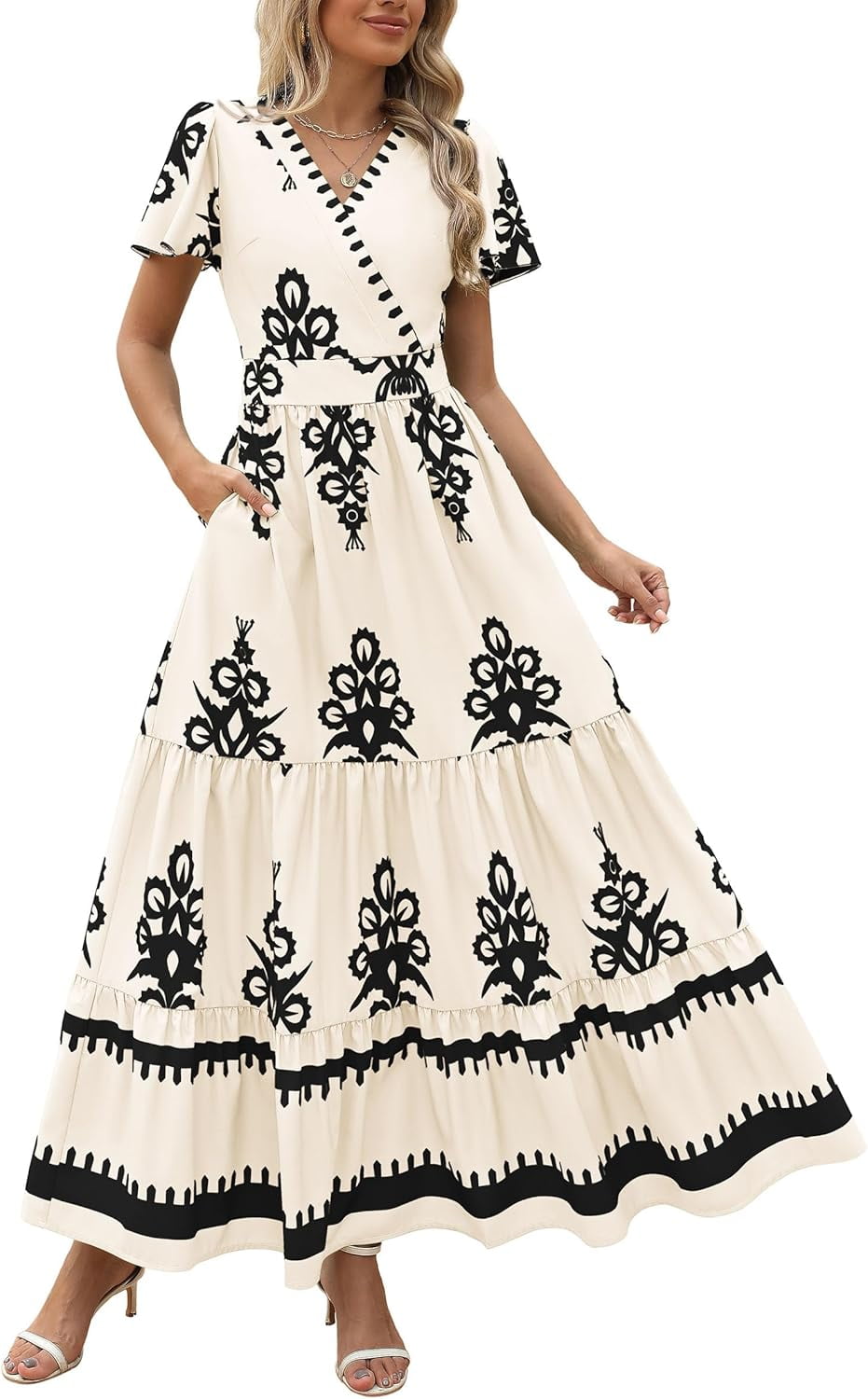 VERTEX&KAIBIN Womens Summer Casual V Neck Boho Maxi Dress Flowy Aline ...