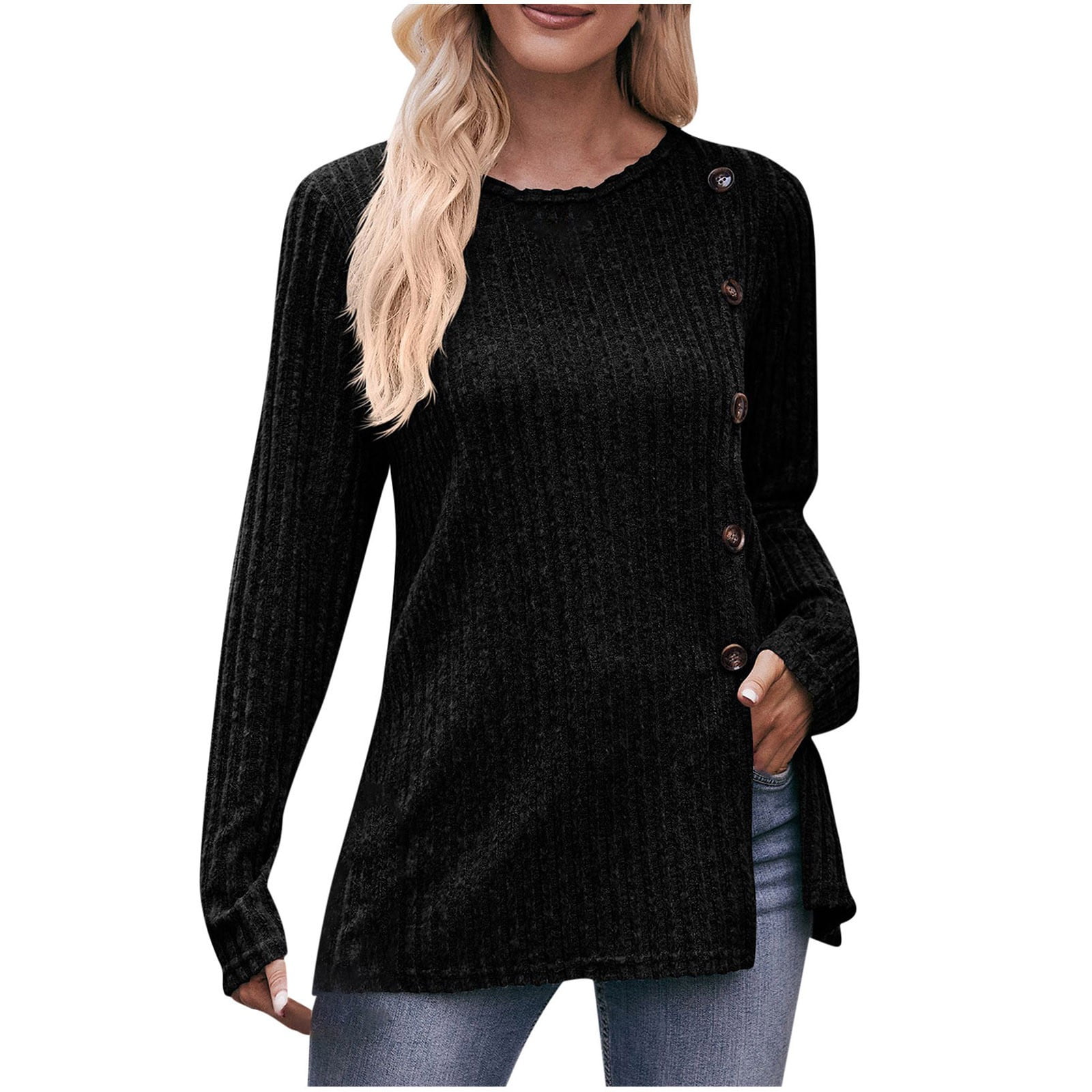 VERUGU Blouses for Women Long Sleeve Crew Neck Tunic Tops Buttons Side ...