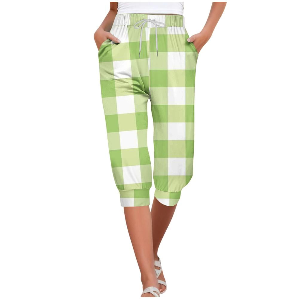 VERUGU Capri Pants for Women Fashion Plaid Print Pants Elastic Waist ...