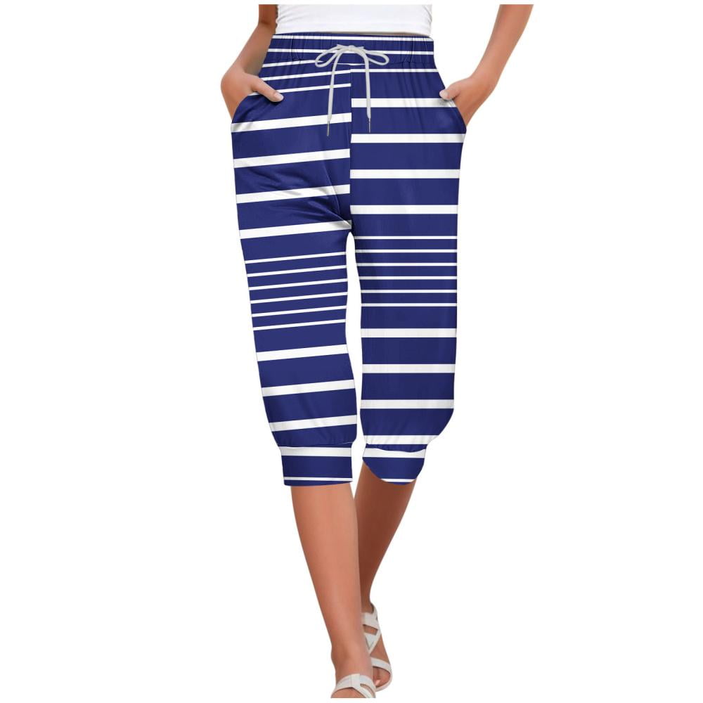 VERUGU Capri Pants for Women Fashion Stripe Print Pants Elastic Waist ...