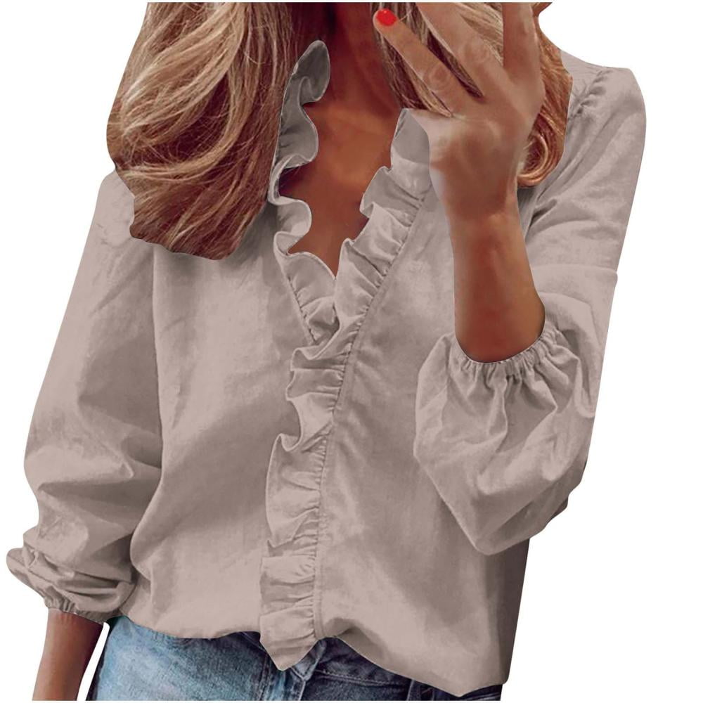 VERUGU Casual V-Neck Ruffle Blouse Shirts For Women Fall Winter Long Sleeve Print Tee Tops ...