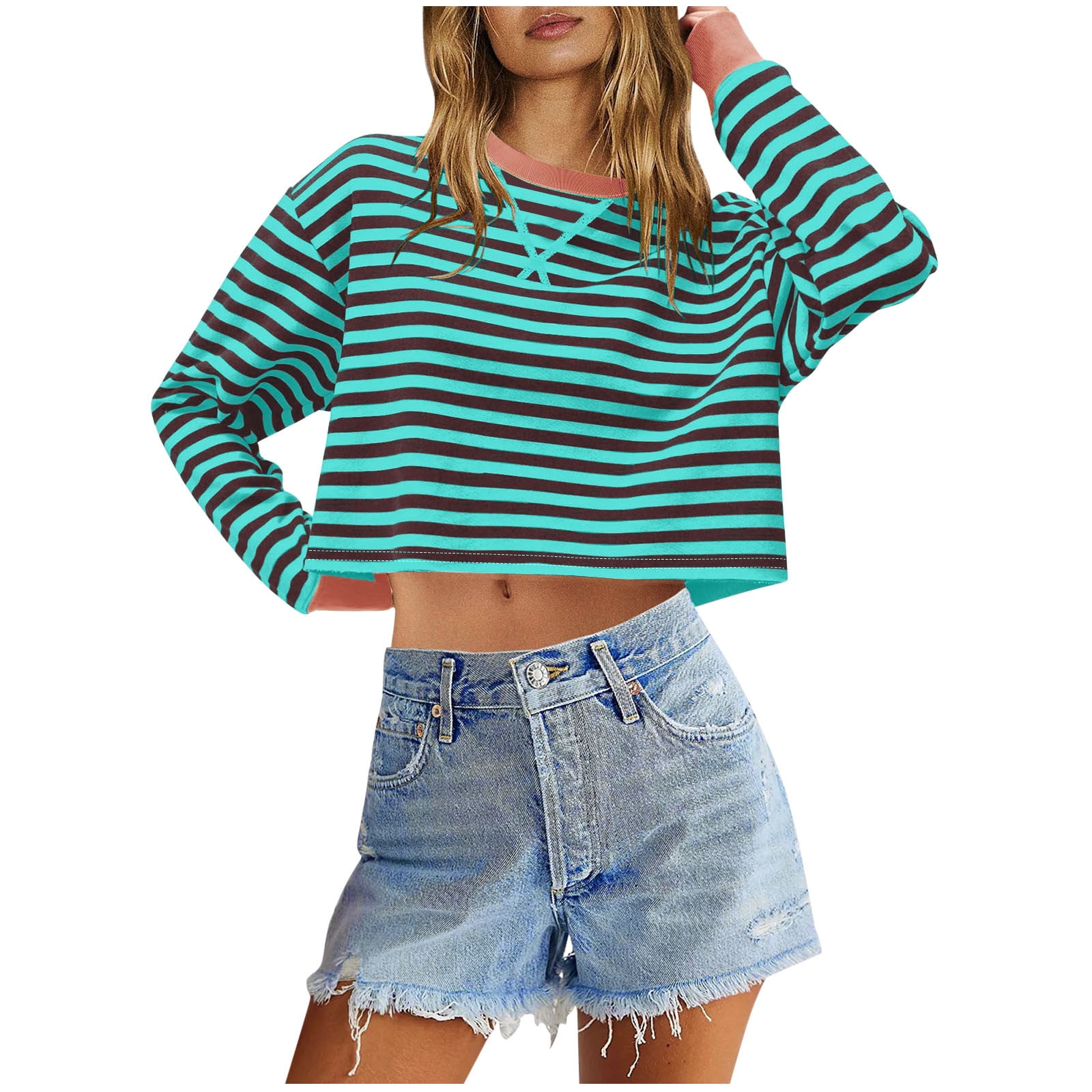 VERUGU Crop Tops for Women Long Sleeve Crew Neck Pullover Trendy ...